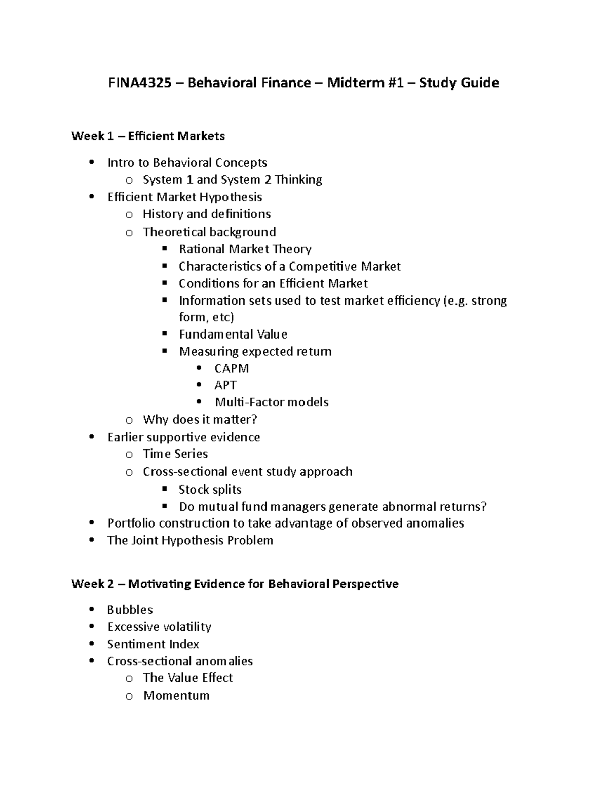 Final Exam Study Guide - FINA4325 – Behavioral Finance – Midterm #1 ...