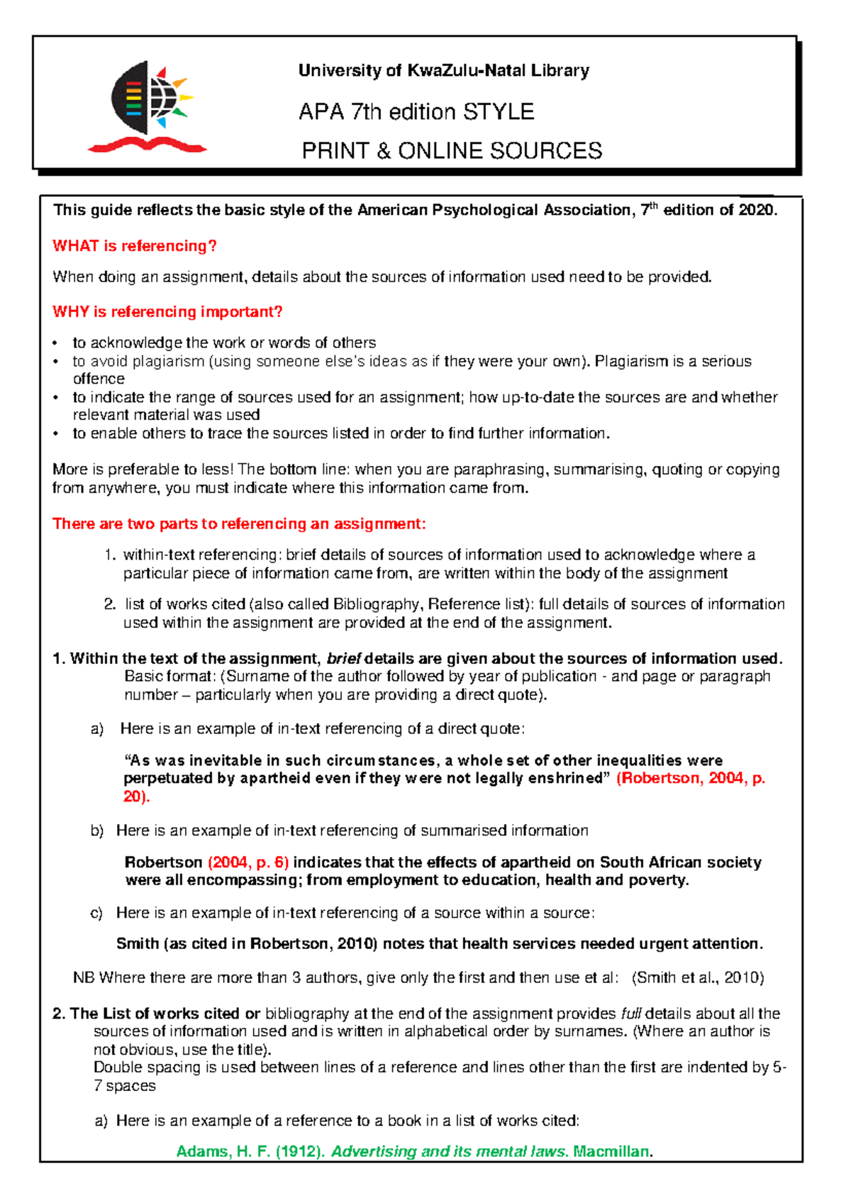 APA 7 Referencing guide - University of KwaZulu-Natal Library APA 7th ...