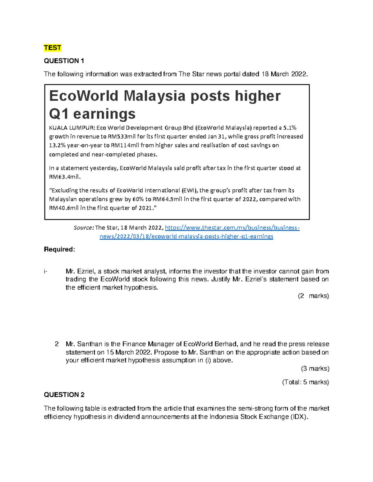 Student Extra Tutorial Topic 3 - TEST QUESTION 1 The following ...