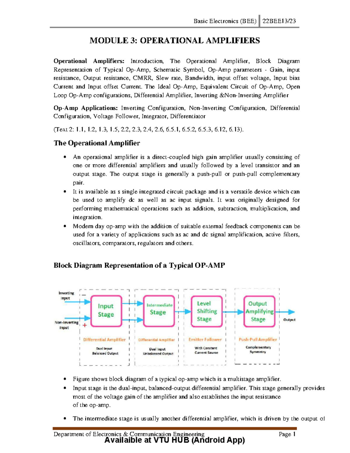 Mod 3 operational amplifiers - Basic Electronics (BEE) 22 BEE 1 3/ Department of Electronics ...