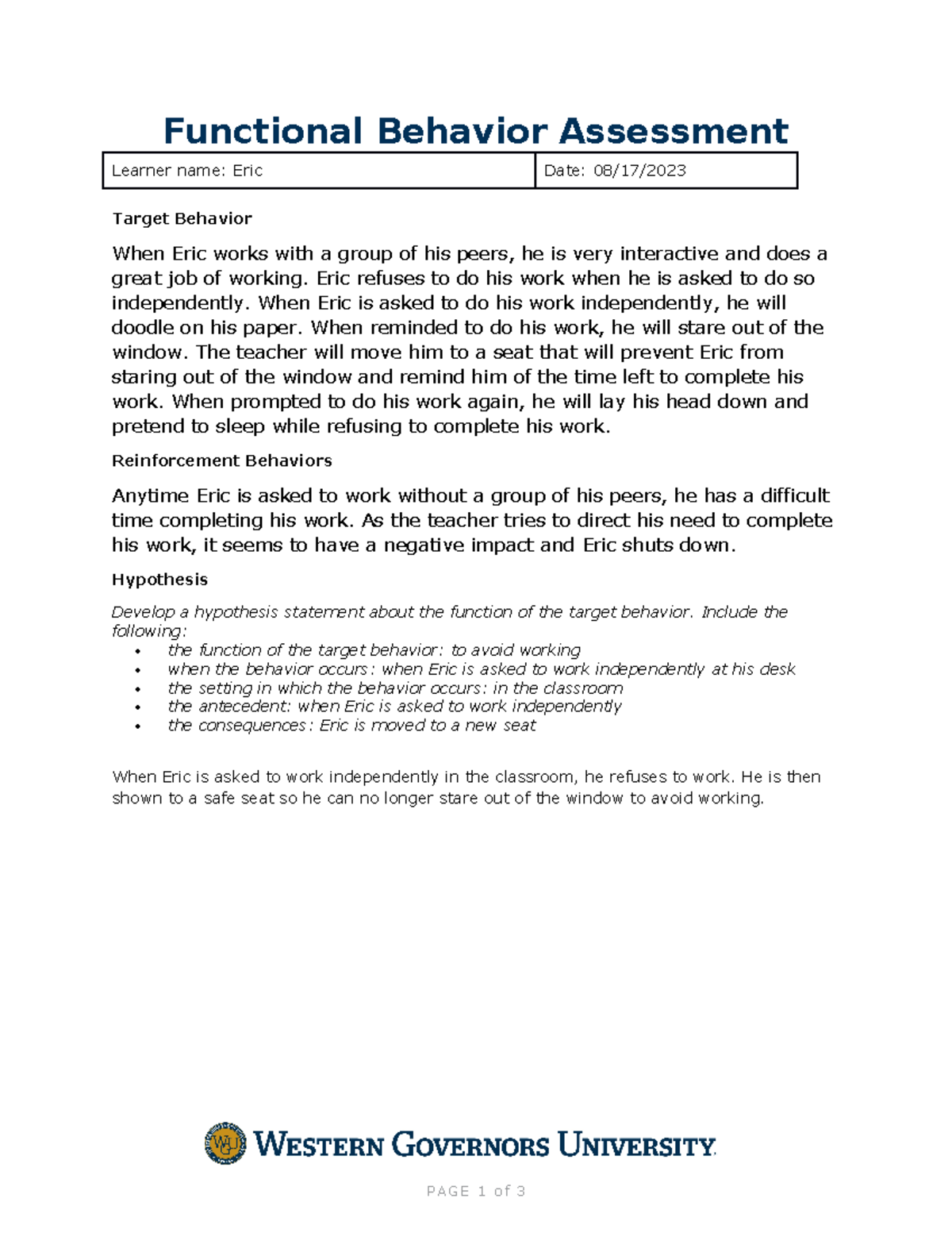 FBA BIP Form - BIP form - Functional Behavior Assessment Learner name ...