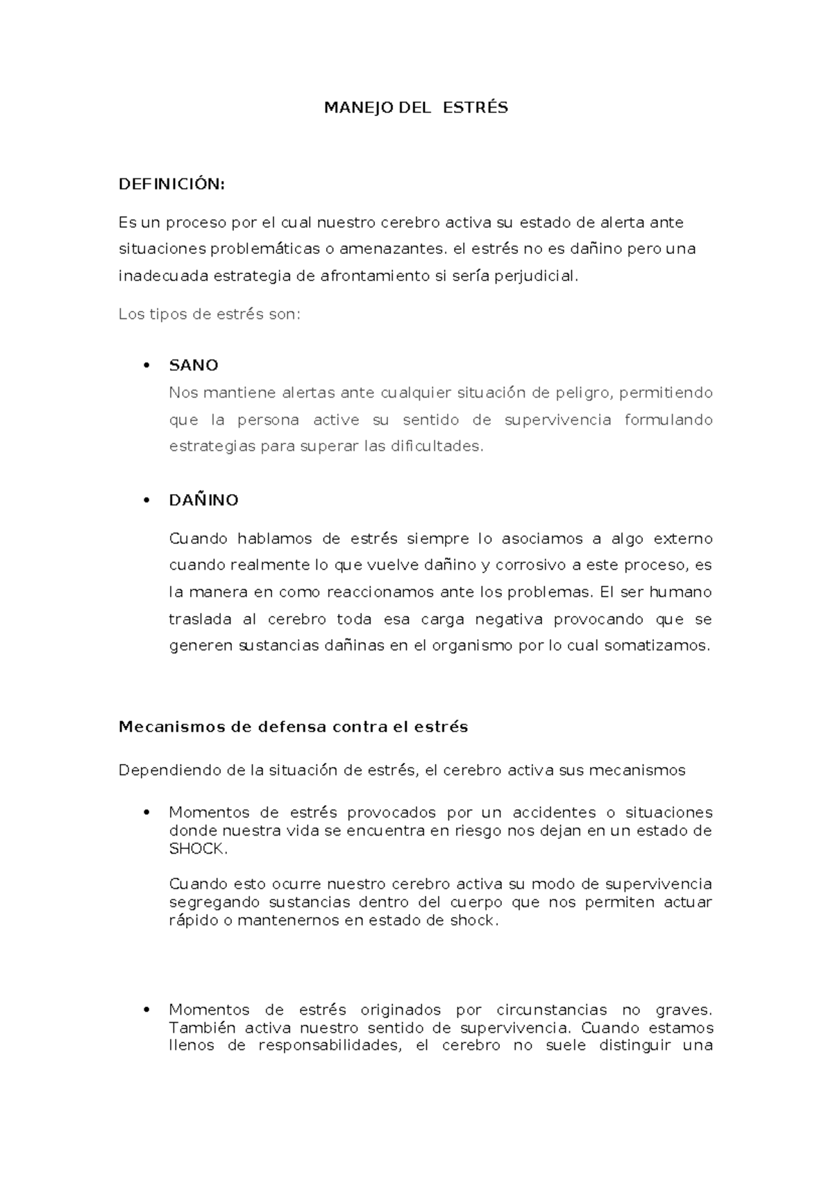Manejo DEL Estrés - MANEJO DEL ESTRÉS DEFINICIÓN: Es un proceso por el ...