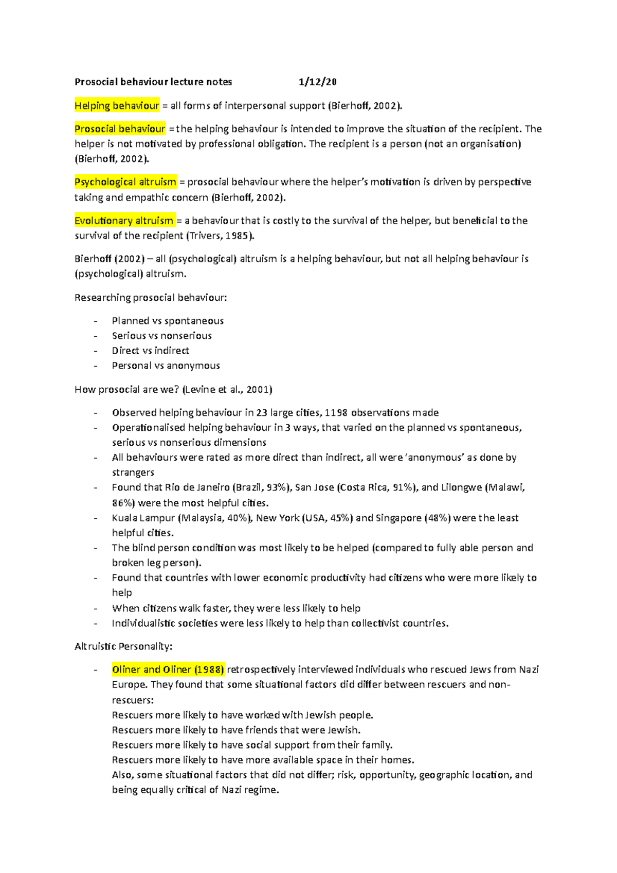 Prosocial behaviour lecture notes - Prosocial behaviour = the helping ...