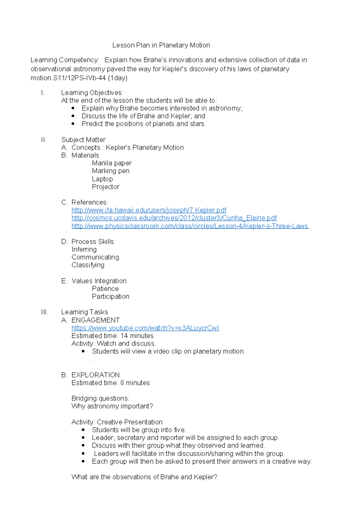 Tycho-brahe - Brahe and Kepler's Laws of Planetary Motion - Lesson Plan ...