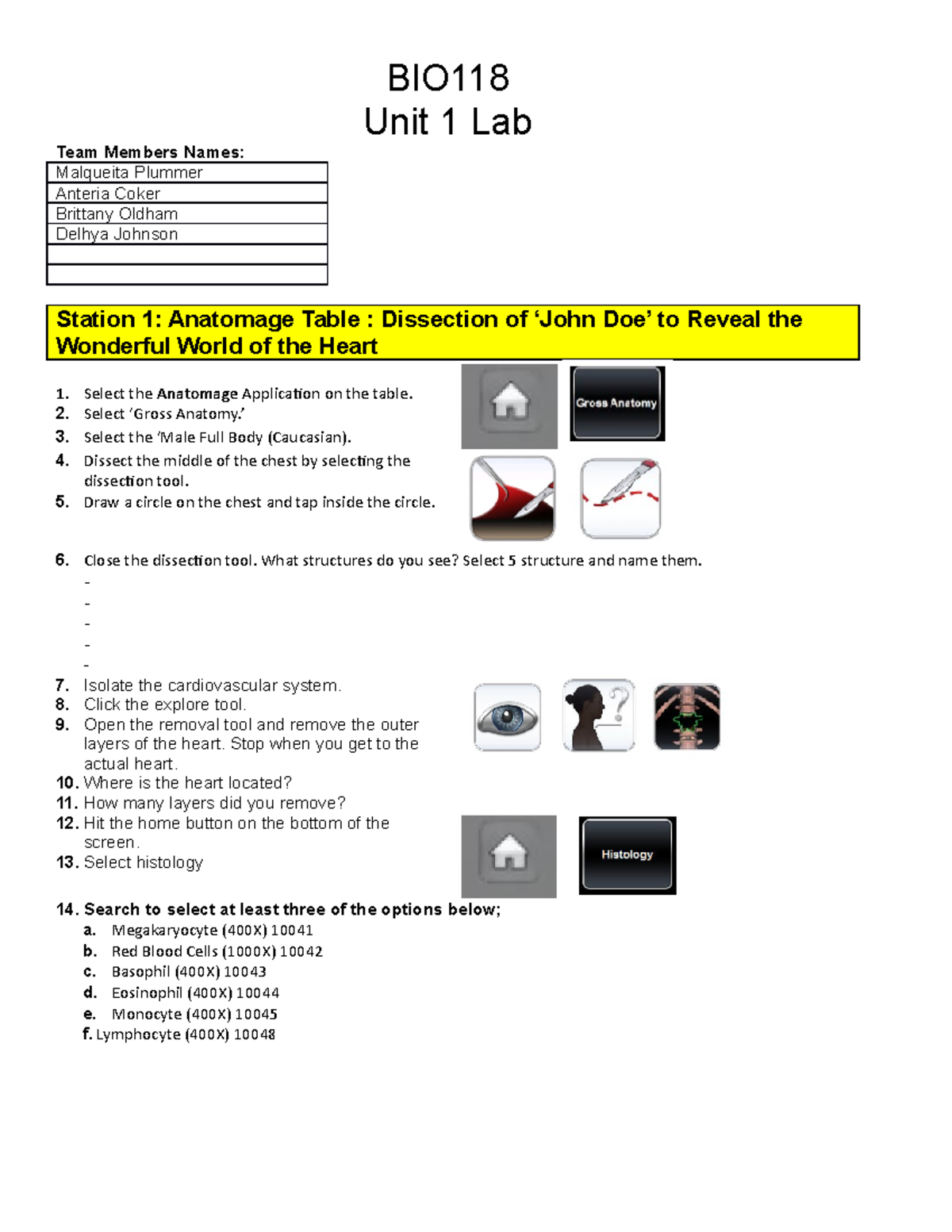 2020- UNIT 1LAB Platt - BIO Unit 1 Lab Team Members Names: Malqueita Plummer Anteria Coker ...