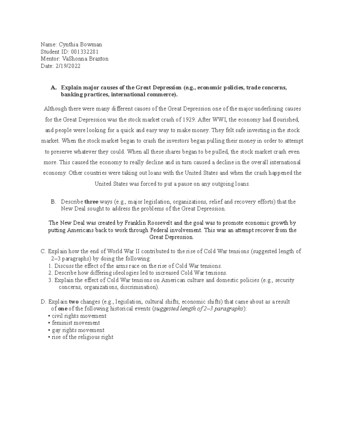 Survey of United States History Task 4 - Name: Cynthia Bowman Student ...