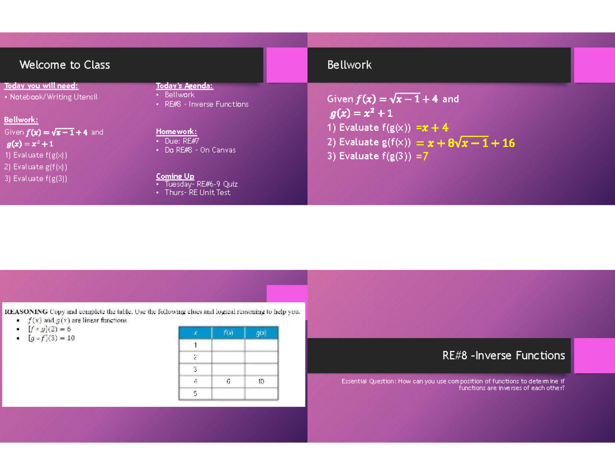 RE#8 - Inverse Functions Notes - Welcome to Class Today you will need ...