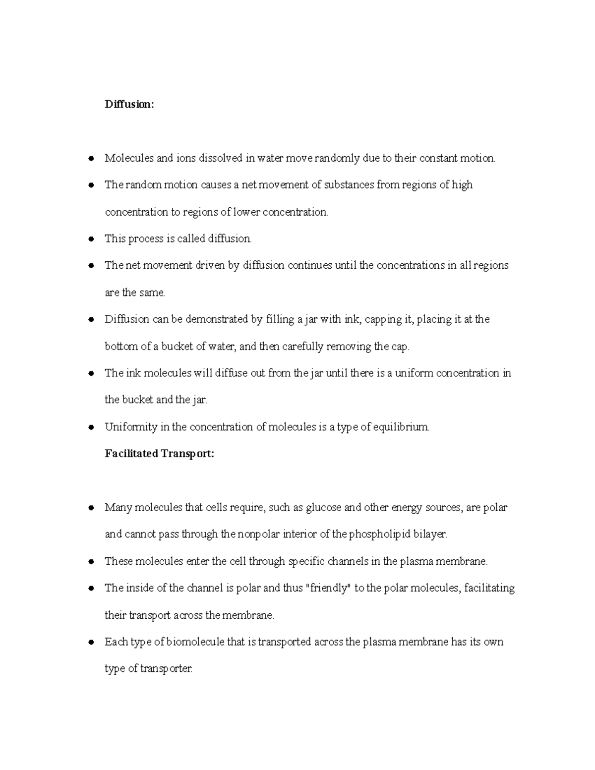 Bio Diffusion Notes - Diffusion: Molecules and ions dissolved in water ...