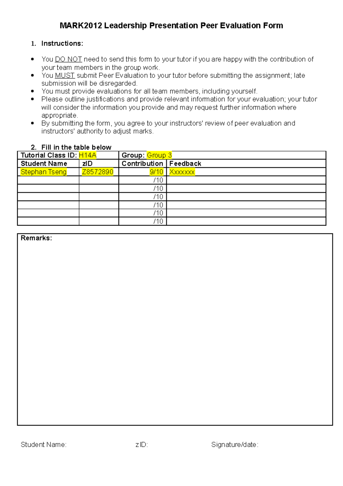 Assessment 2 Peer Evaluation Form - MARK2012 Leadership Presentation ...