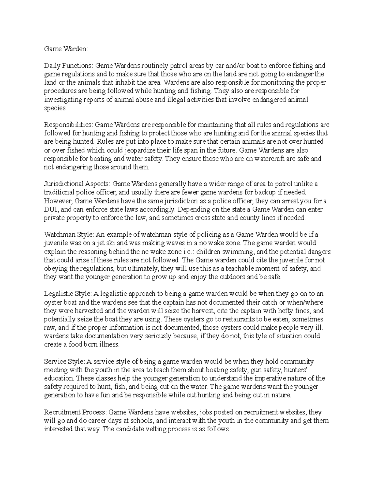 5-2 Project One - Game Warden: Daily Functions: Game Wardens routinely ...