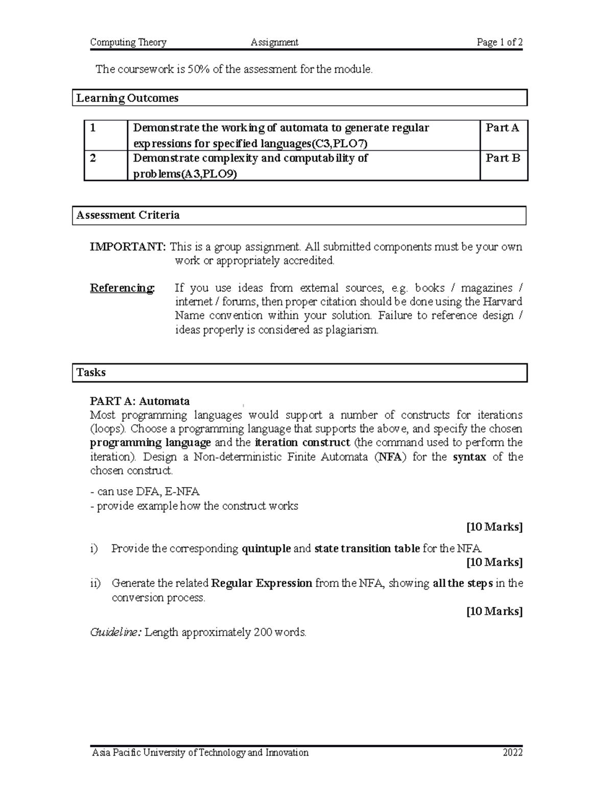 Compt Assignment Question Computing Theory Assignment Page 1 Of 2 The Coursework Is 50 Of The
