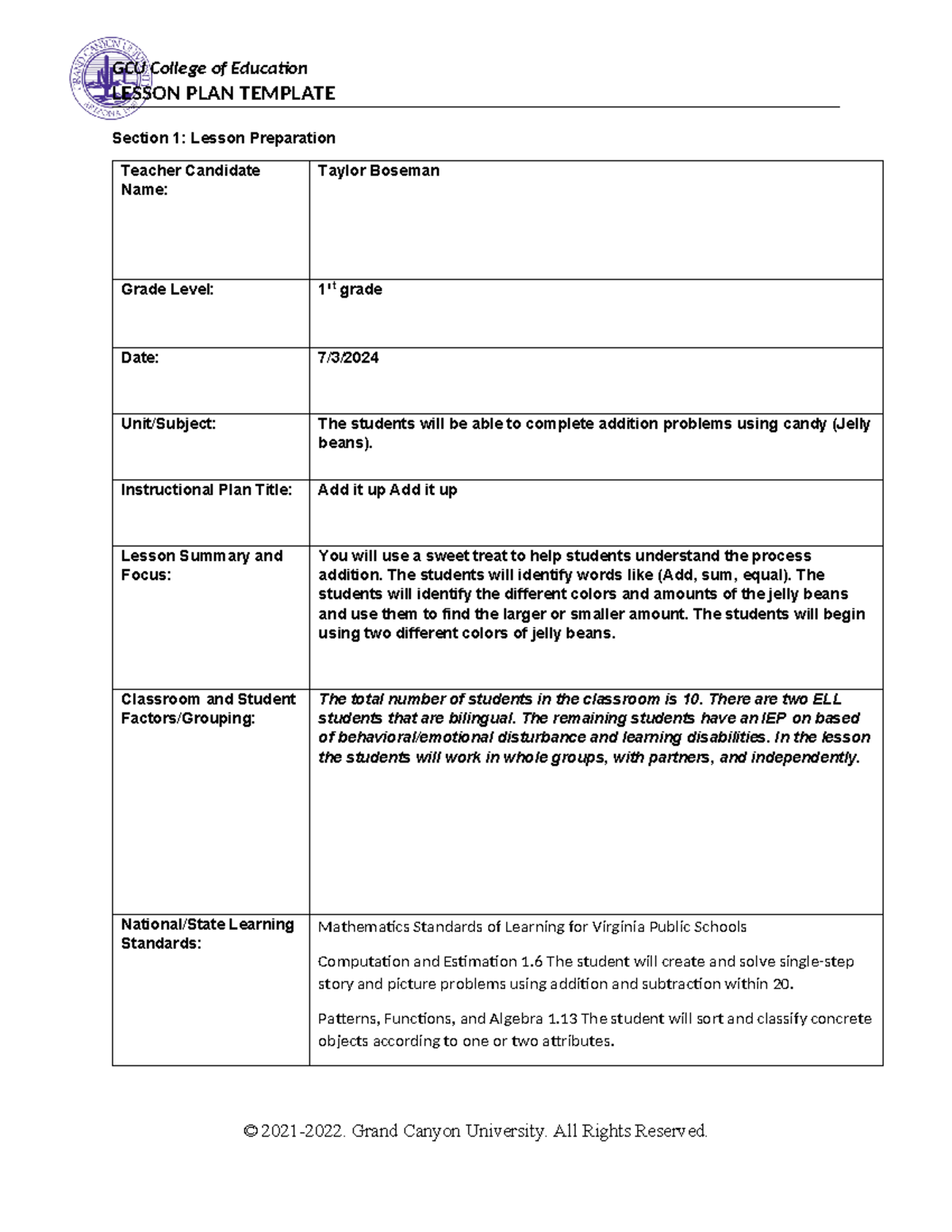 Add it up add it up Lesson plan - LESSON PLAN TEMPLATE Section 1 ...