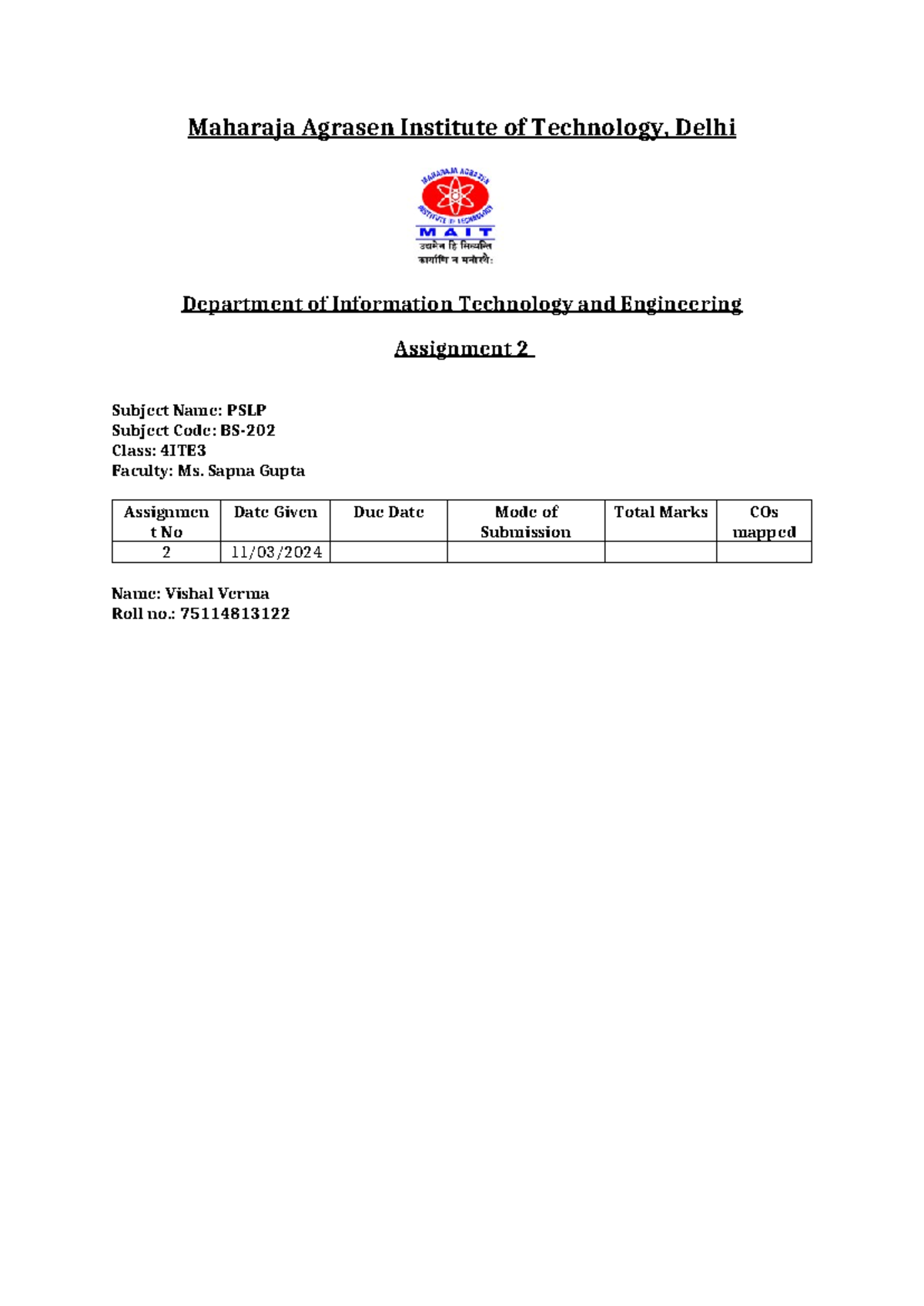 Pslp assignment front page - btech - Maharaja Agrasen Institute of Technology, Delhi Department ...