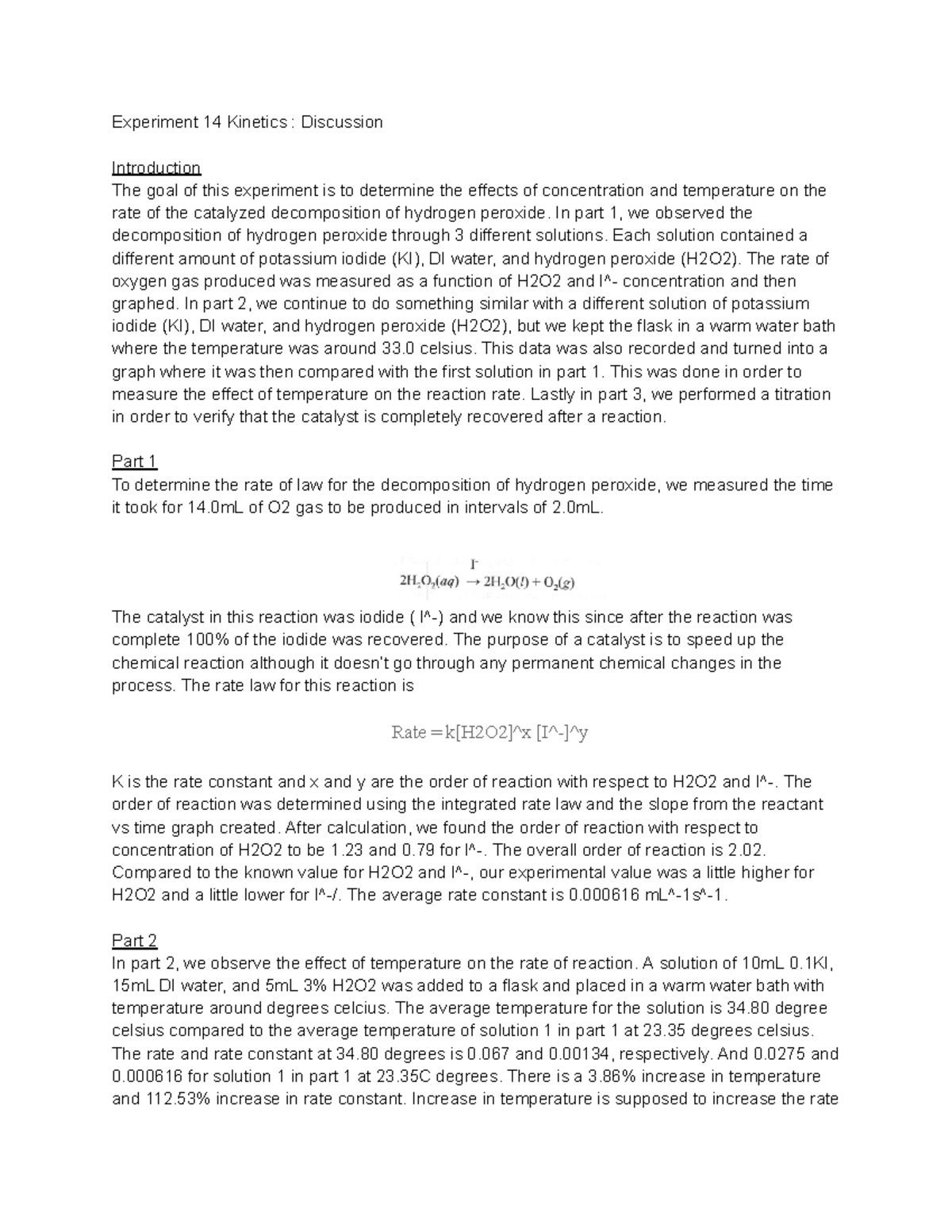 Experiment 14 Kinetics Discussion - Experiment 14 Kinetics : Discussion ...