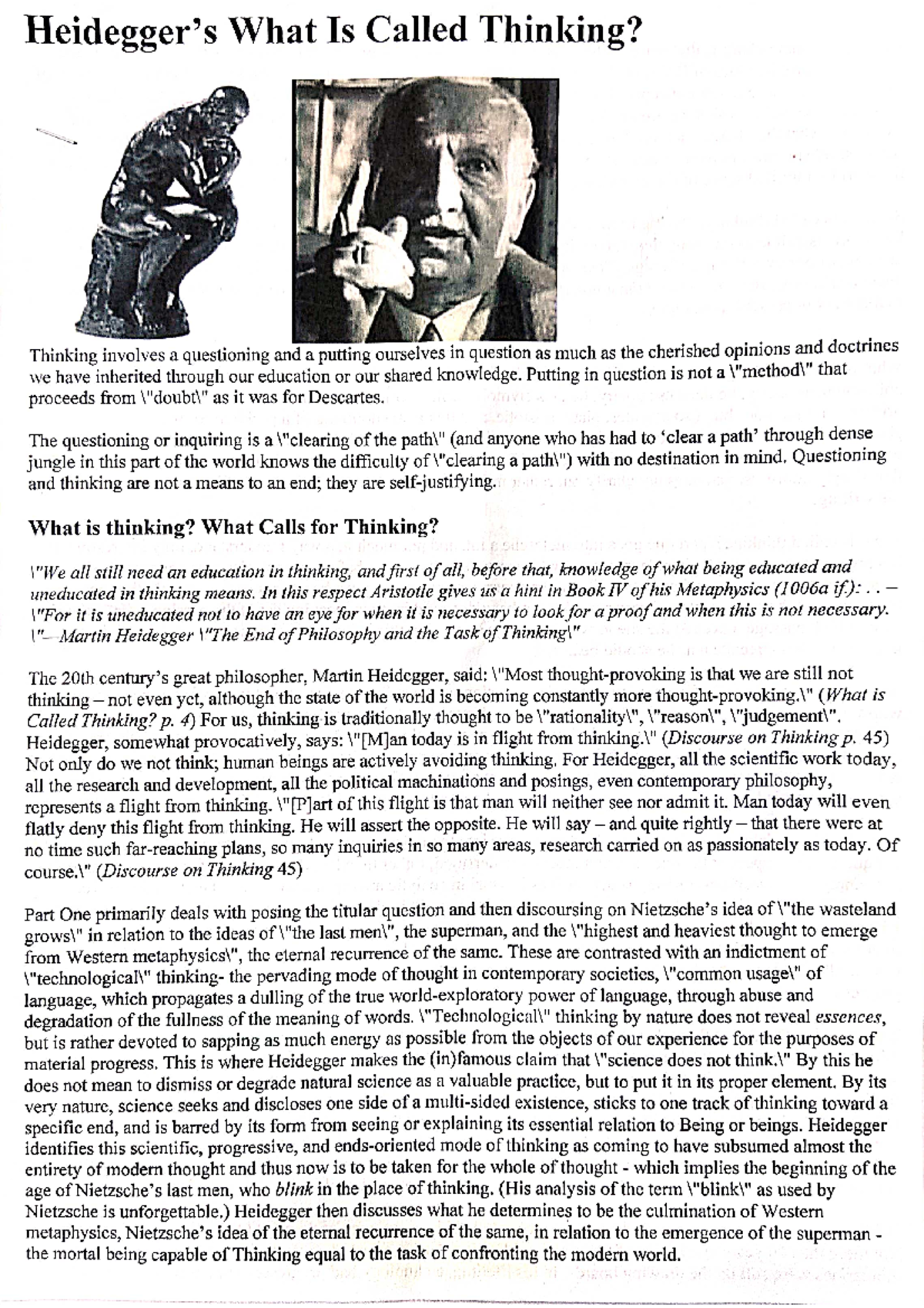 Heidegger's What is called thinking - B.A.(hons.) Philosophy - Studocu