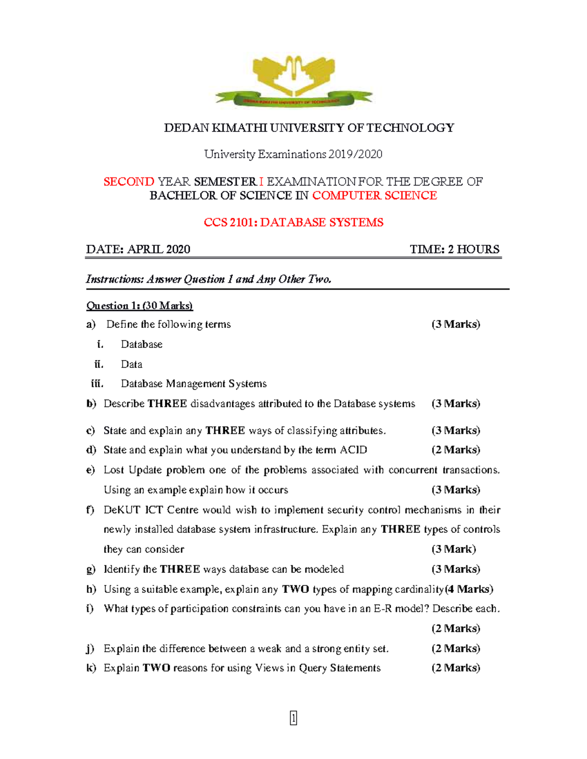 CCS 2101 Database Systems Question Paper - 1 DEDAN KIMATHI UNIVERSITY ...