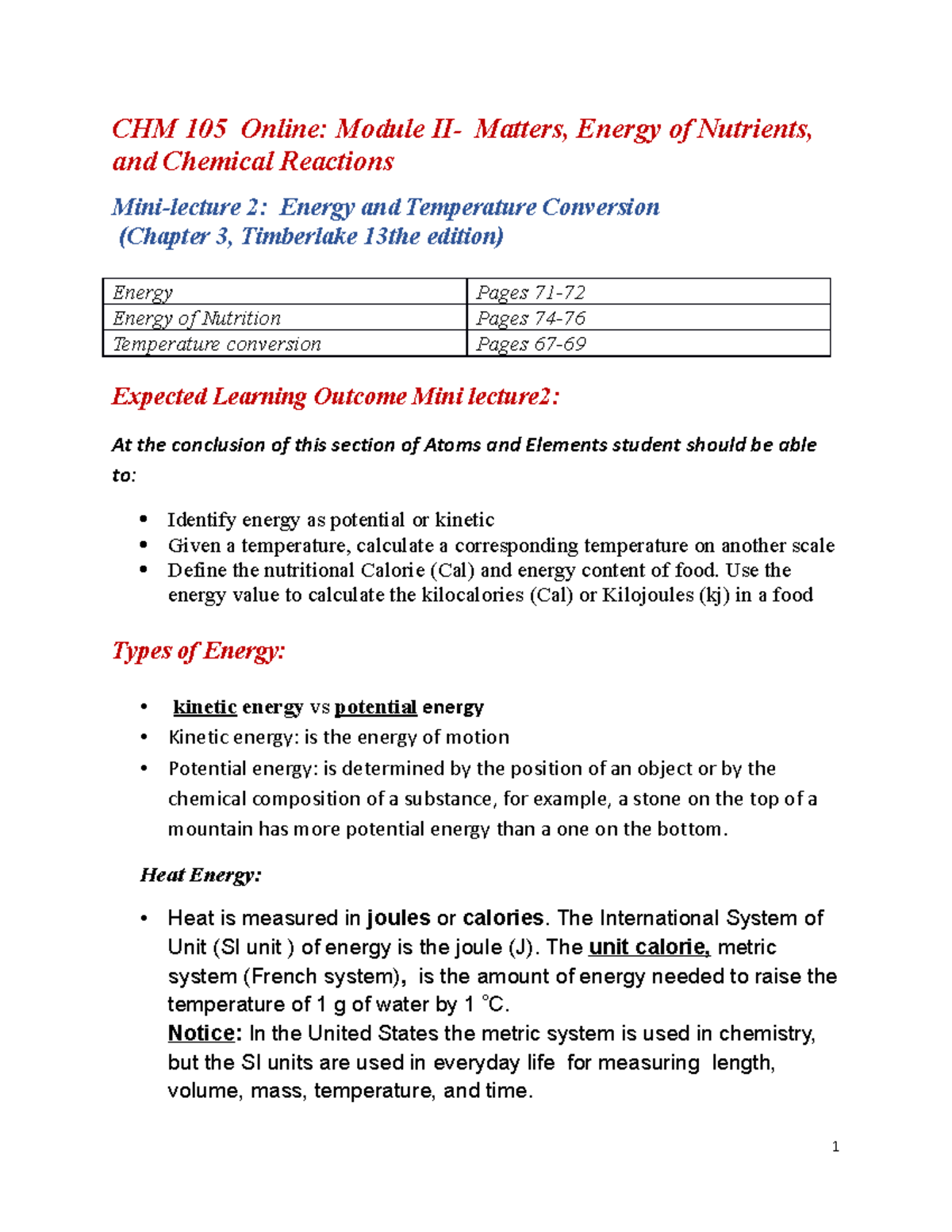 Module II Minilecture 2 - CHM 105 Online: Module II- Matters, Energy of ...