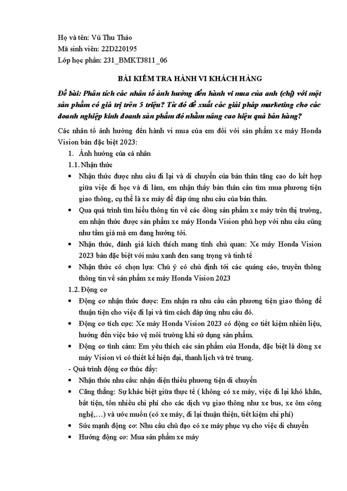 Hành vi kh - hành vi kh - Họ và tên: Vũ Thu Thảo Mã sinh viên: 22D Lớp ...