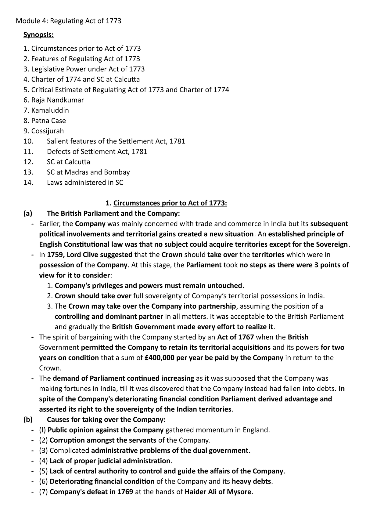 Module 4 The Regulating Act of 1773 - Module 4: Regulating Act of 1773 ...