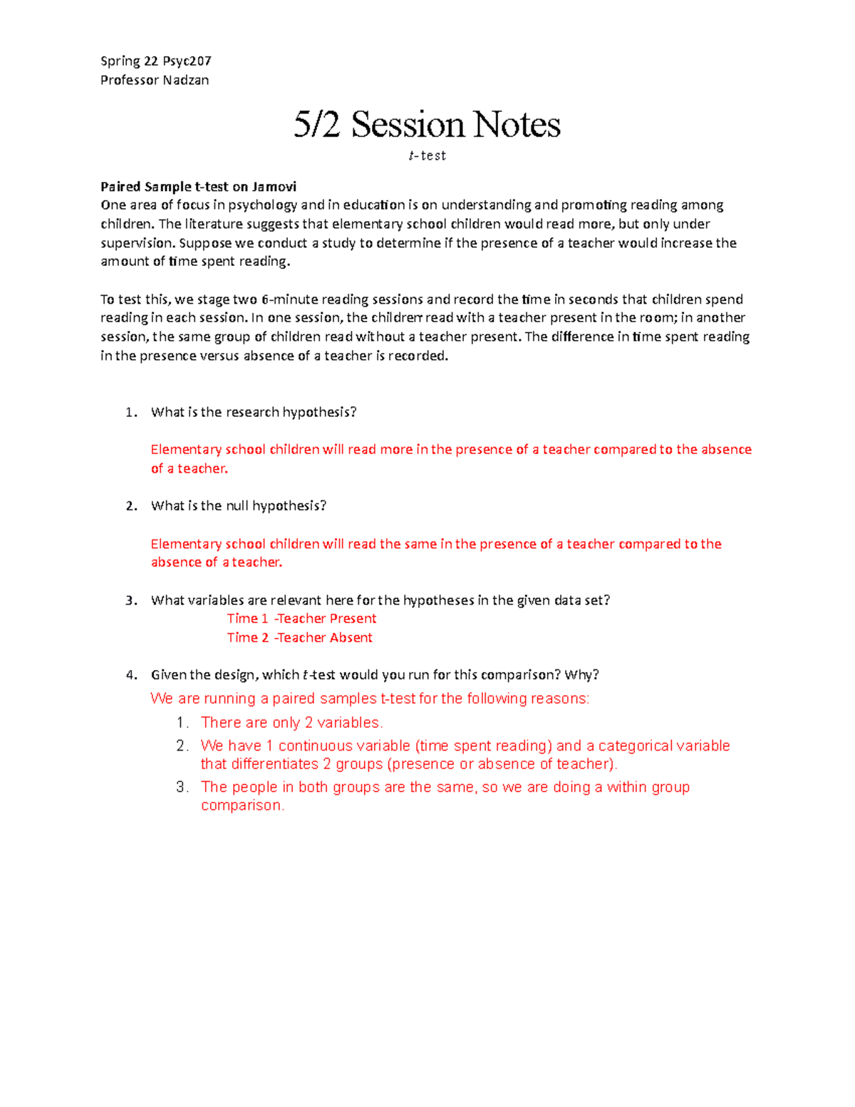 Example 2 Notes Answer Key - Spring 22 Psyc Professor Nadzan 5/2 ...
