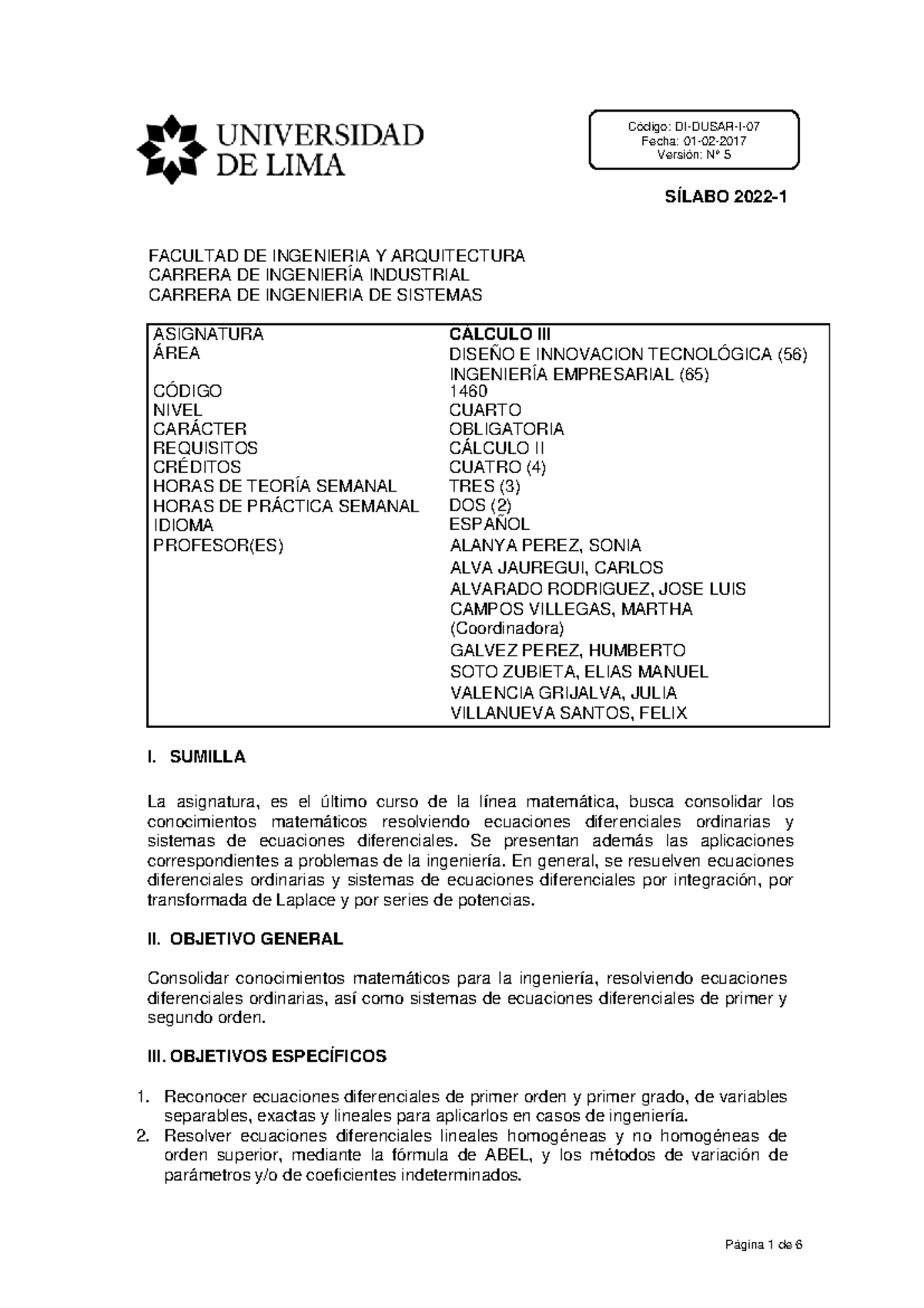 2022-1 SIL Calculo III - SIlabo Ulima Ciclo 2022 - 1, Facultad de ingeniería y arquitectura ...
