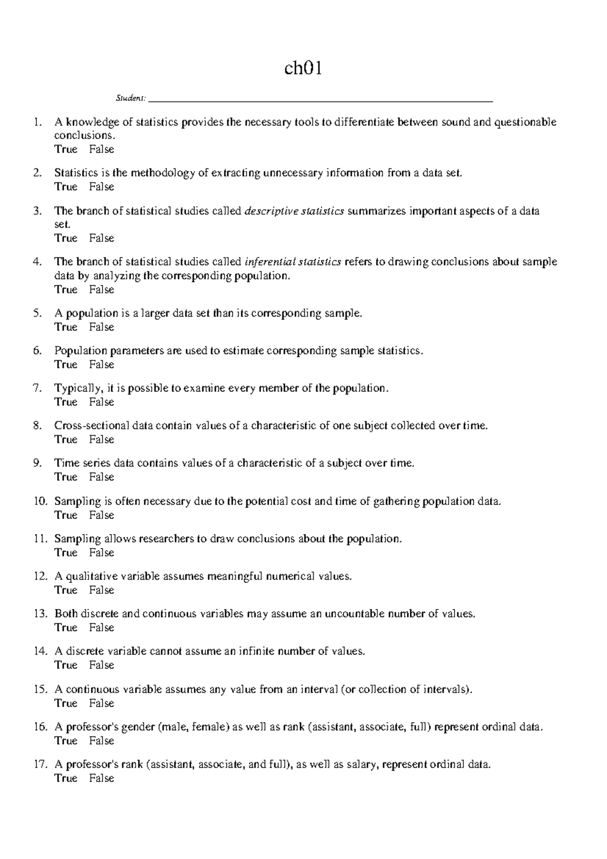 Ch01 - Ch 1. Prep Questions - ch Student: A knowledge of statistics ...
