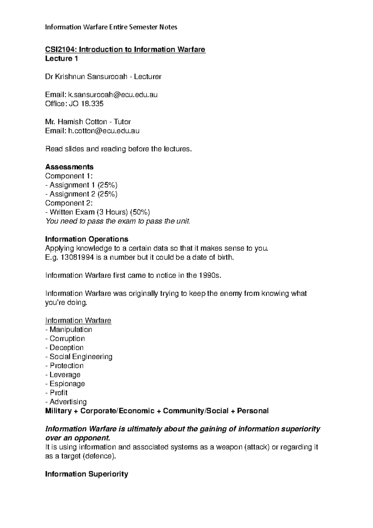 Information Warfare Notes - CSI2104: Introduction to Information ...