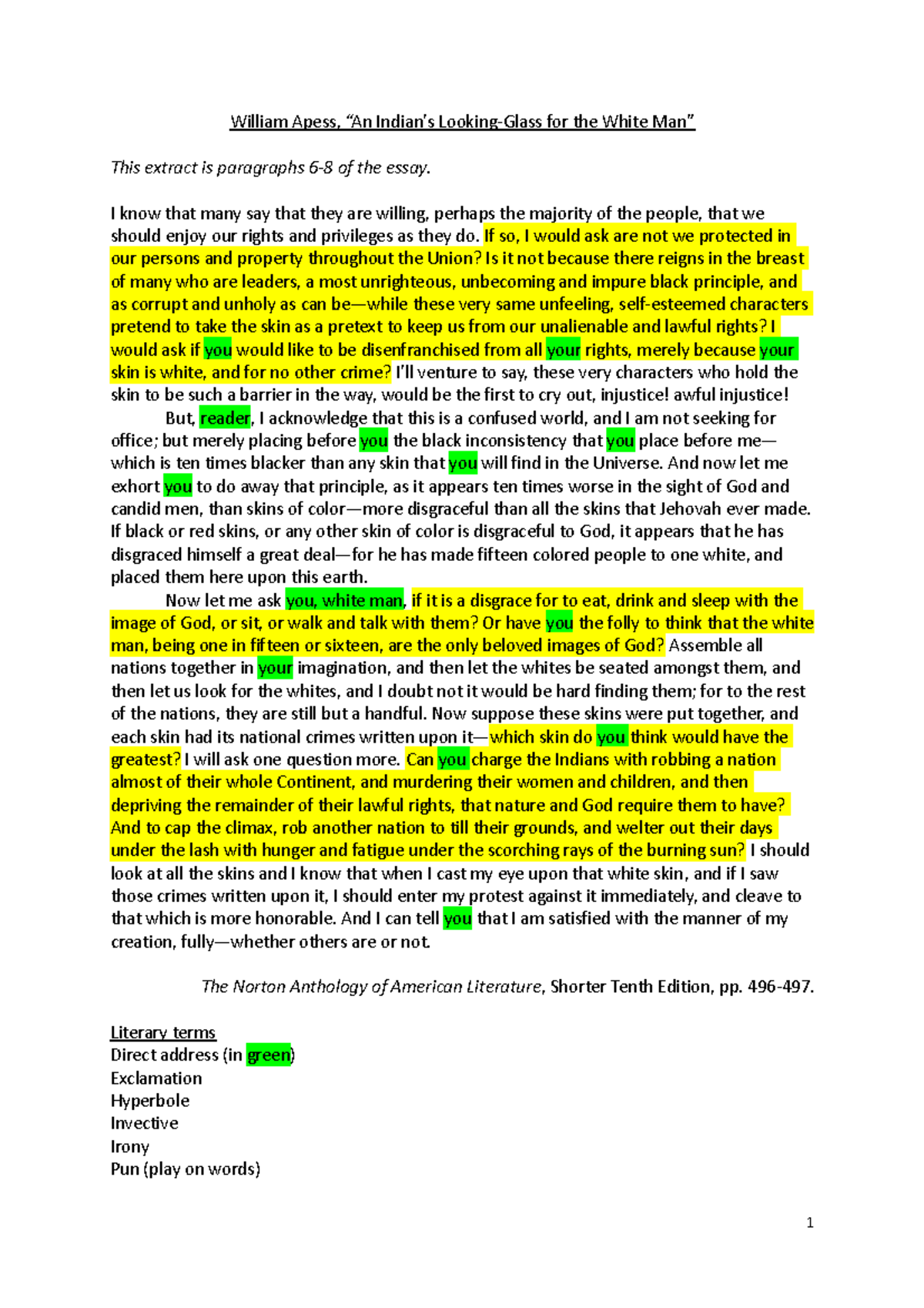 Apess close reading - William Apess, “An Indian’s Looking-Glass for the ...