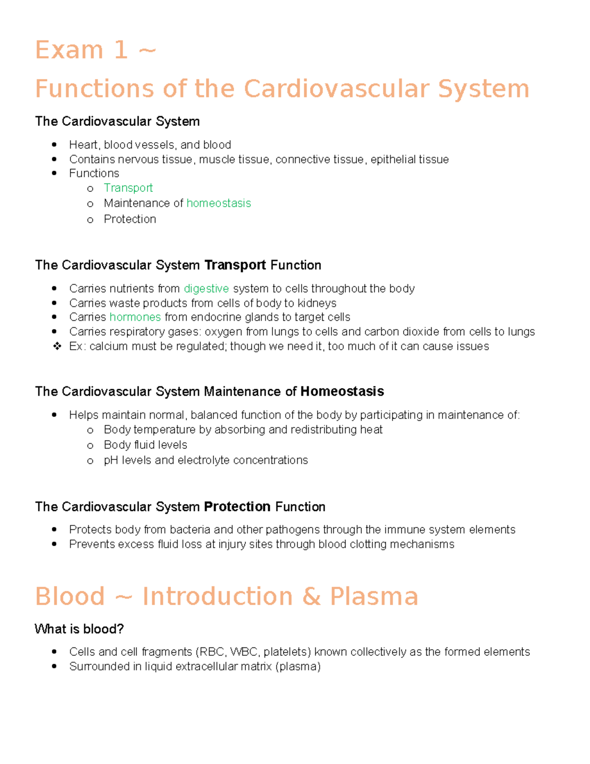Anatomy Exam 1 Notes - Exam 1 ~ Functions of the Cardiovascular System ...
