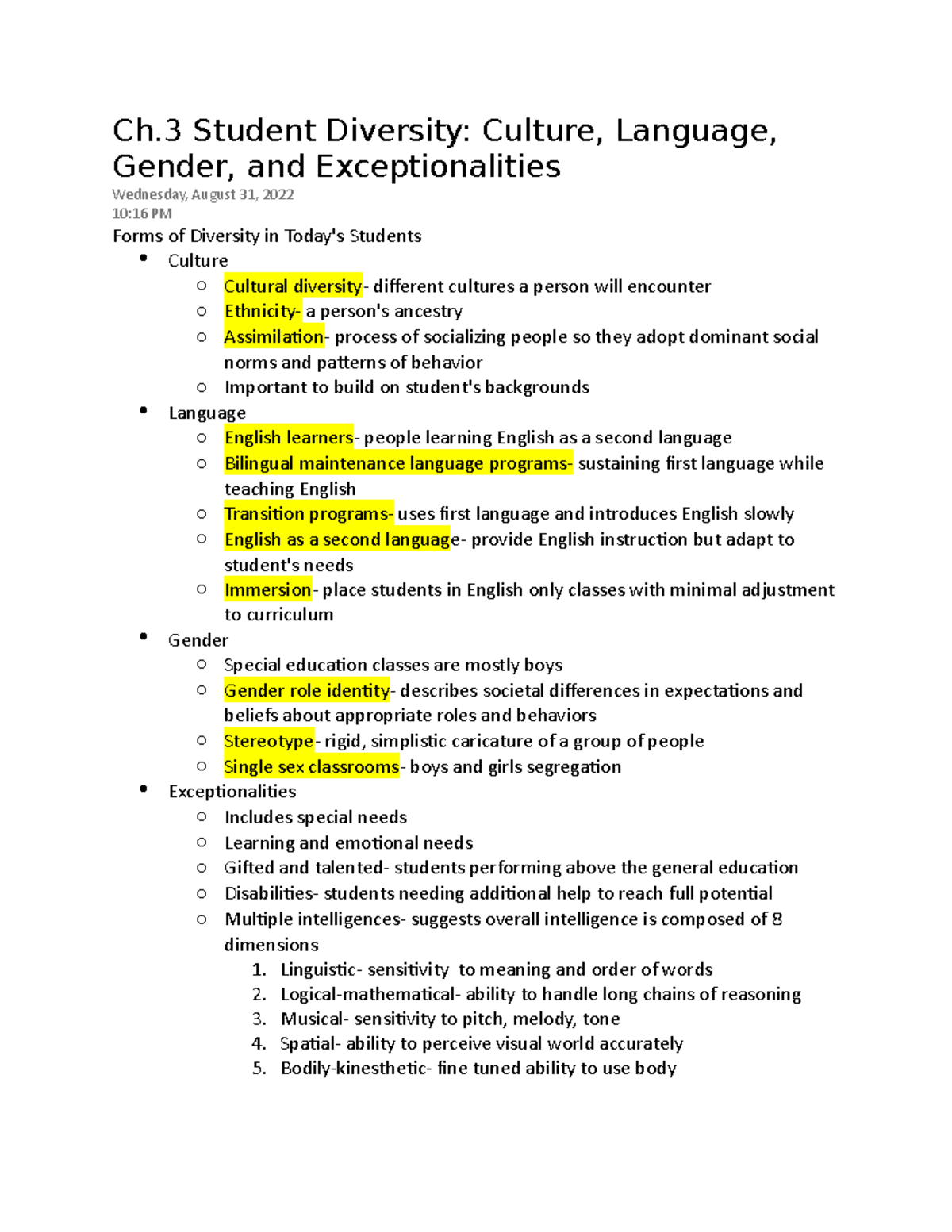 Ed-100 Ch. 3 - Chapter 3 notes - Ch Student Diversity: Culture ...