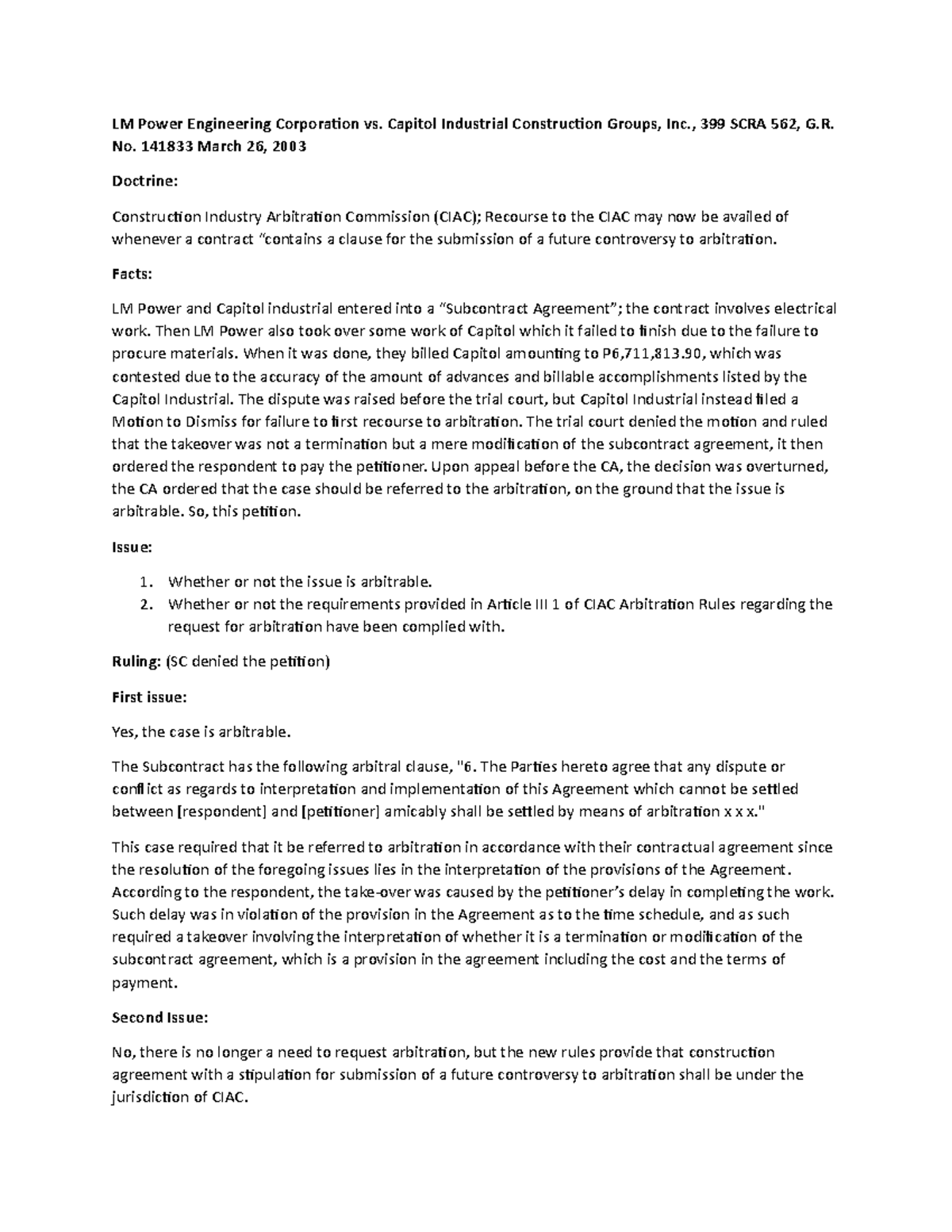 CIAC LM Power Engineering Corporation vs. Capitol Industrial ...