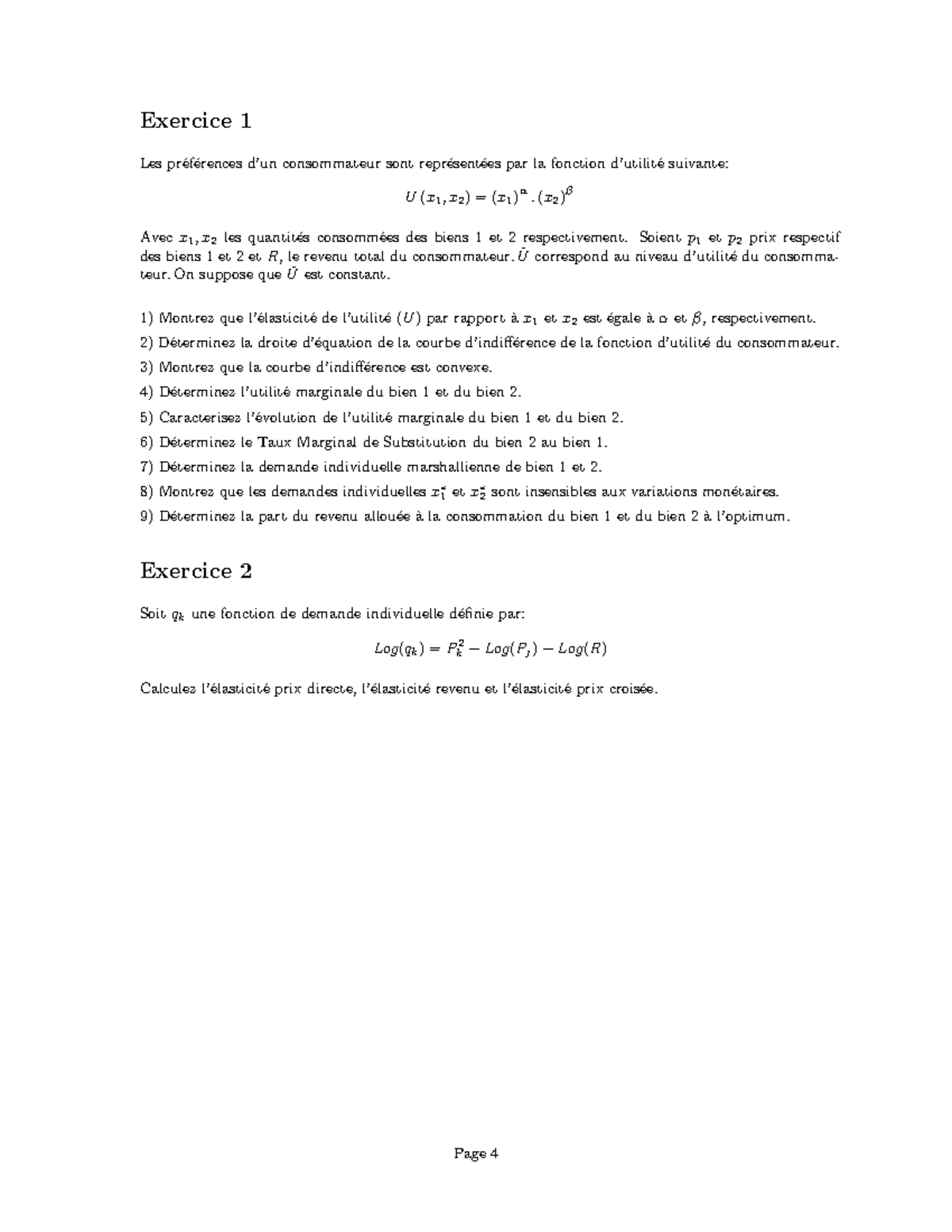 Devoir Micro S1 - Exercice 1 Les pr ́ef ́erences d’un consommateur sont repr ́esent ́ees par la ...
