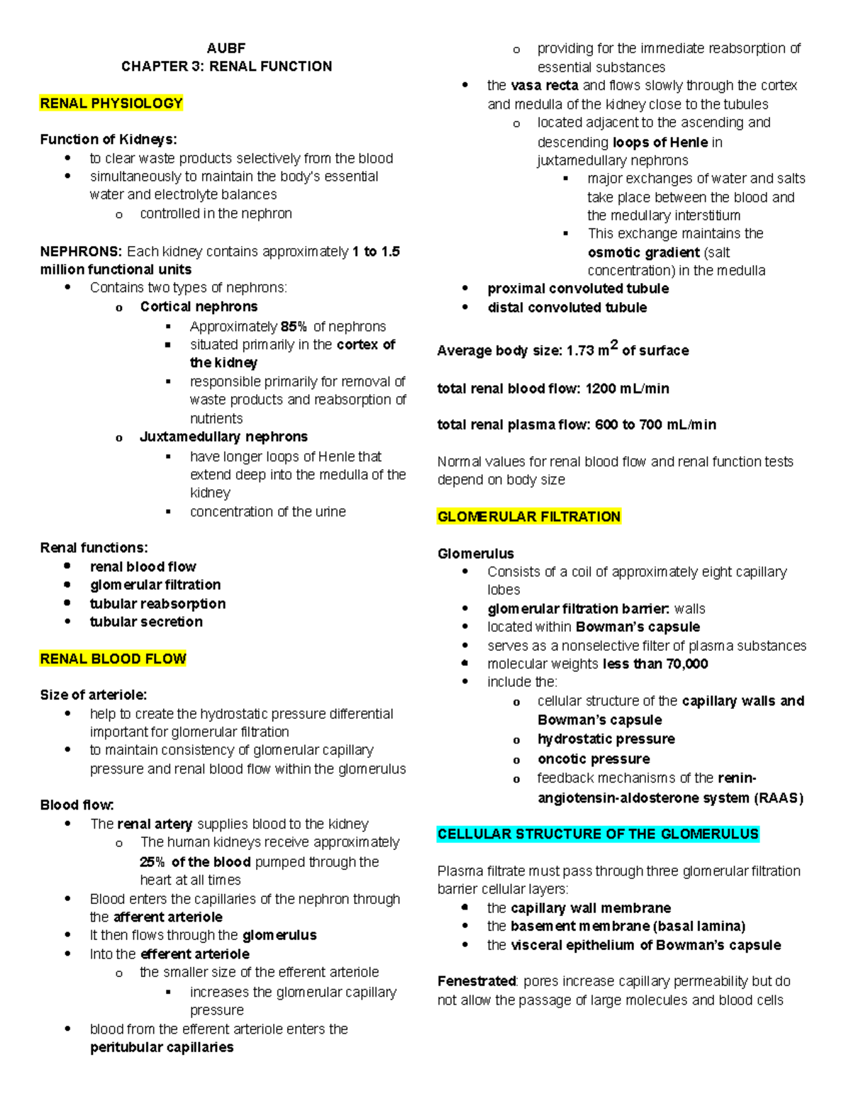 renal physiology - AUBF CHAPTER 3: RENAL FUNCTION RENAL PHYSIOLOGY Function of Kidneys: to clear ...