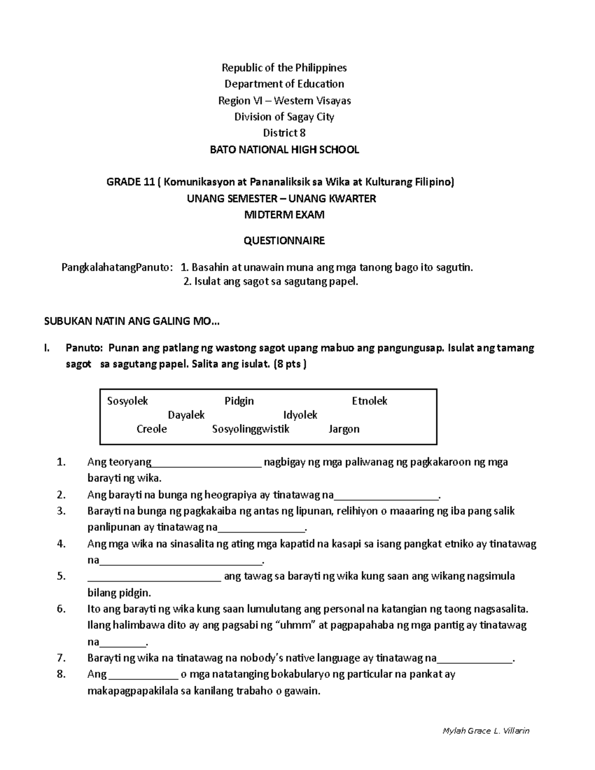 Grade 11 EXAM Midterm 2019 Short - Republic of the Philippines ...