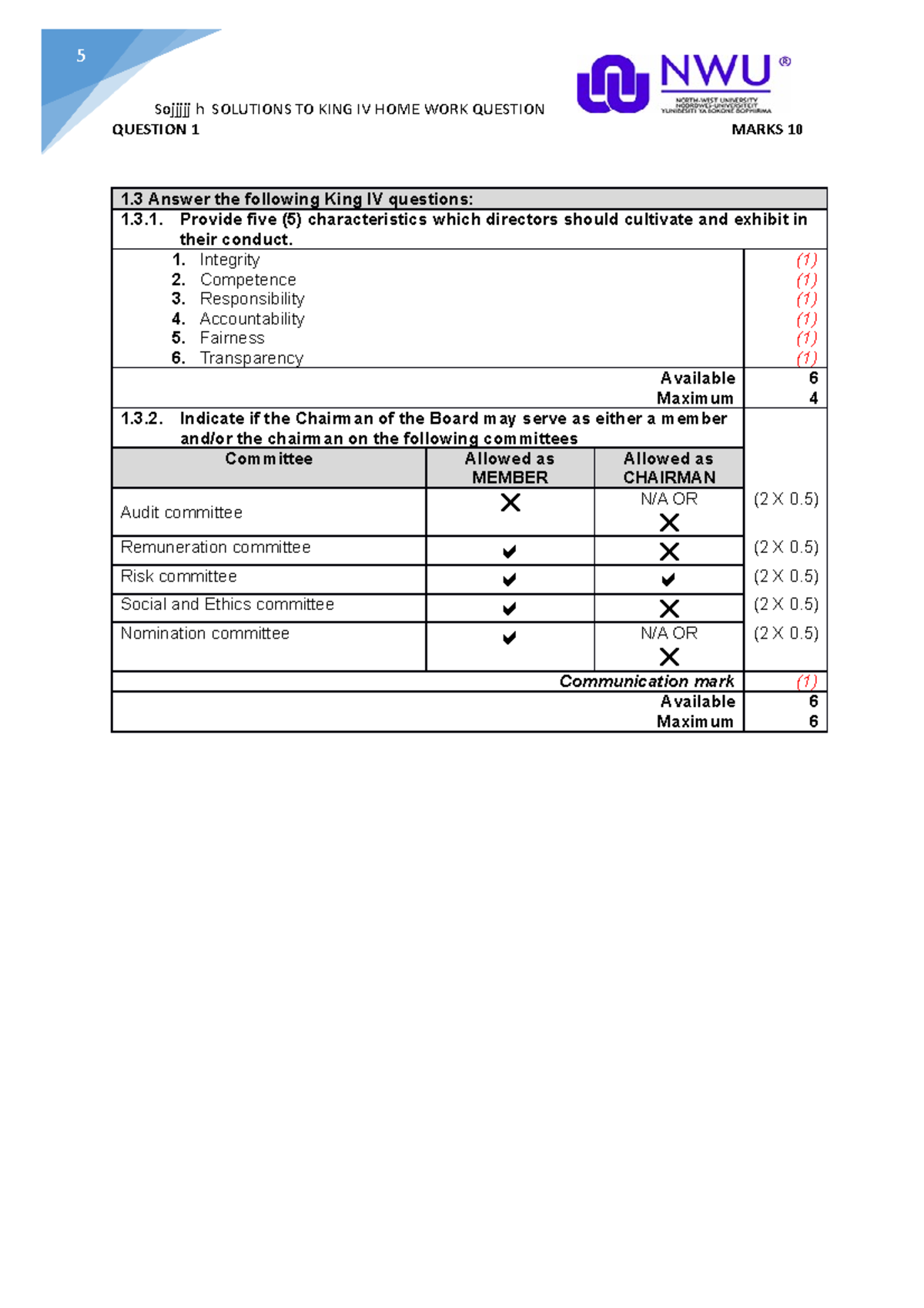 KING IV Solution - 5 h SOLUTIONS TO KING IV HOME WORK QUESTION QUESTION ...