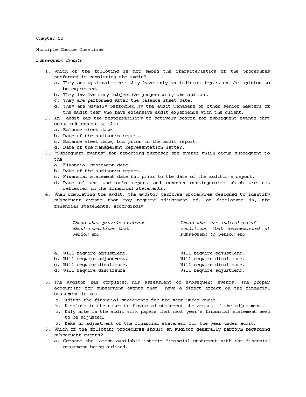 Auditing chap 10 - Chapter 10 Multiple Choice Questions Subsequent ...