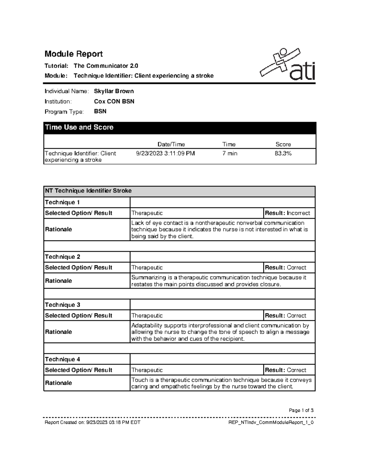 Report - ATI - Individual Name: Institution: Program Type: Skyllar ...
