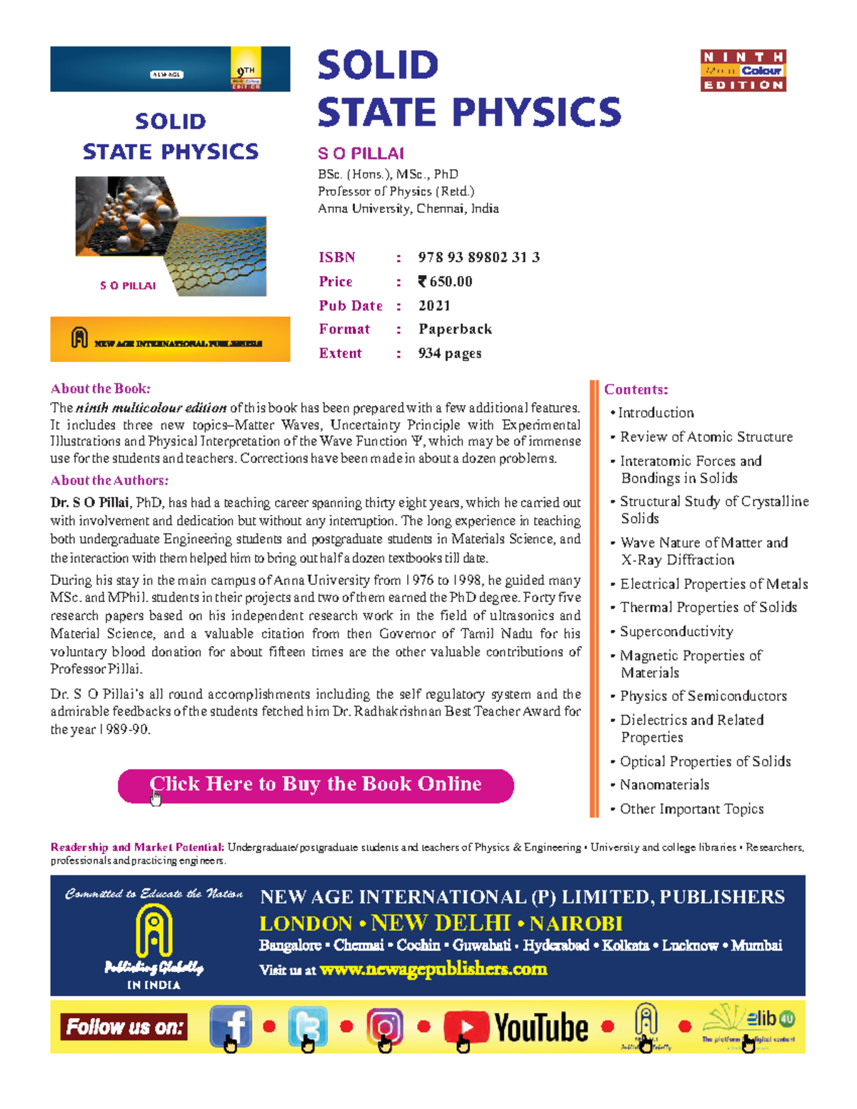 Pillai SO Solid State Physics - About the Book: The ninth multicolour edition of this book has ...