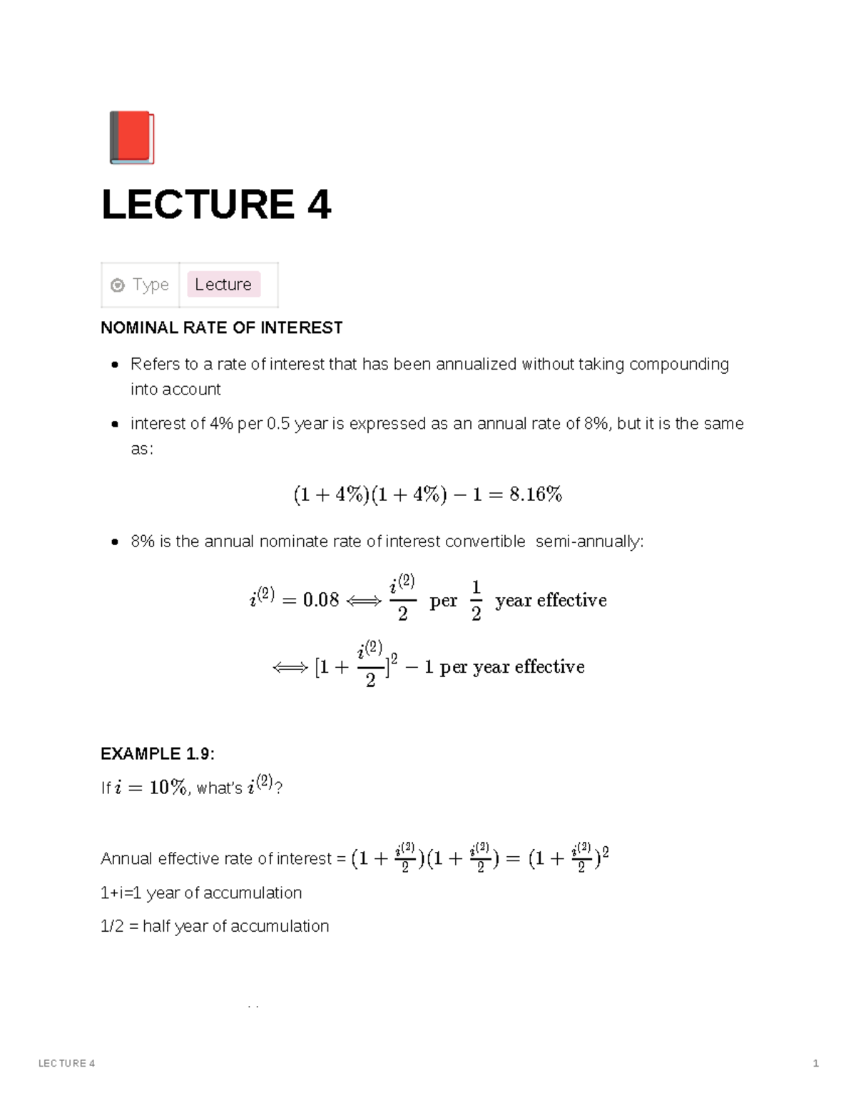 statistics Lecture 4 - 📕 LECTURE 4 Type Lecture NOMINAL RATE OF INTEREST Refers to a rate of ...