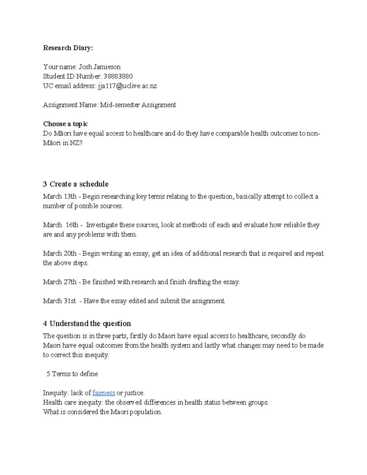 Research Diary Assigment - Research Diary: Your name: Josh Jamieson ...