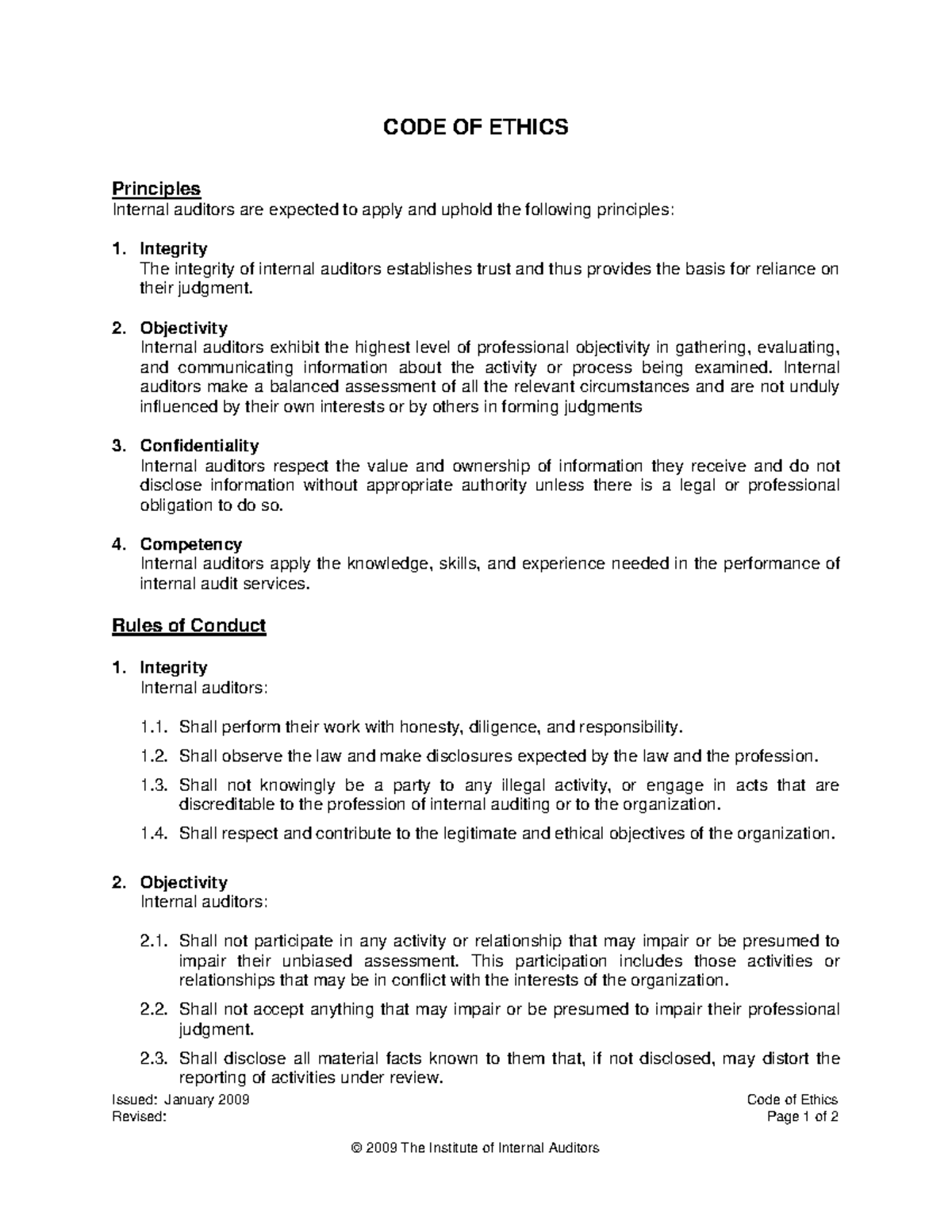 CODE OF Ethics - Supplementary notes for - Issued: January 2009 Code of ...