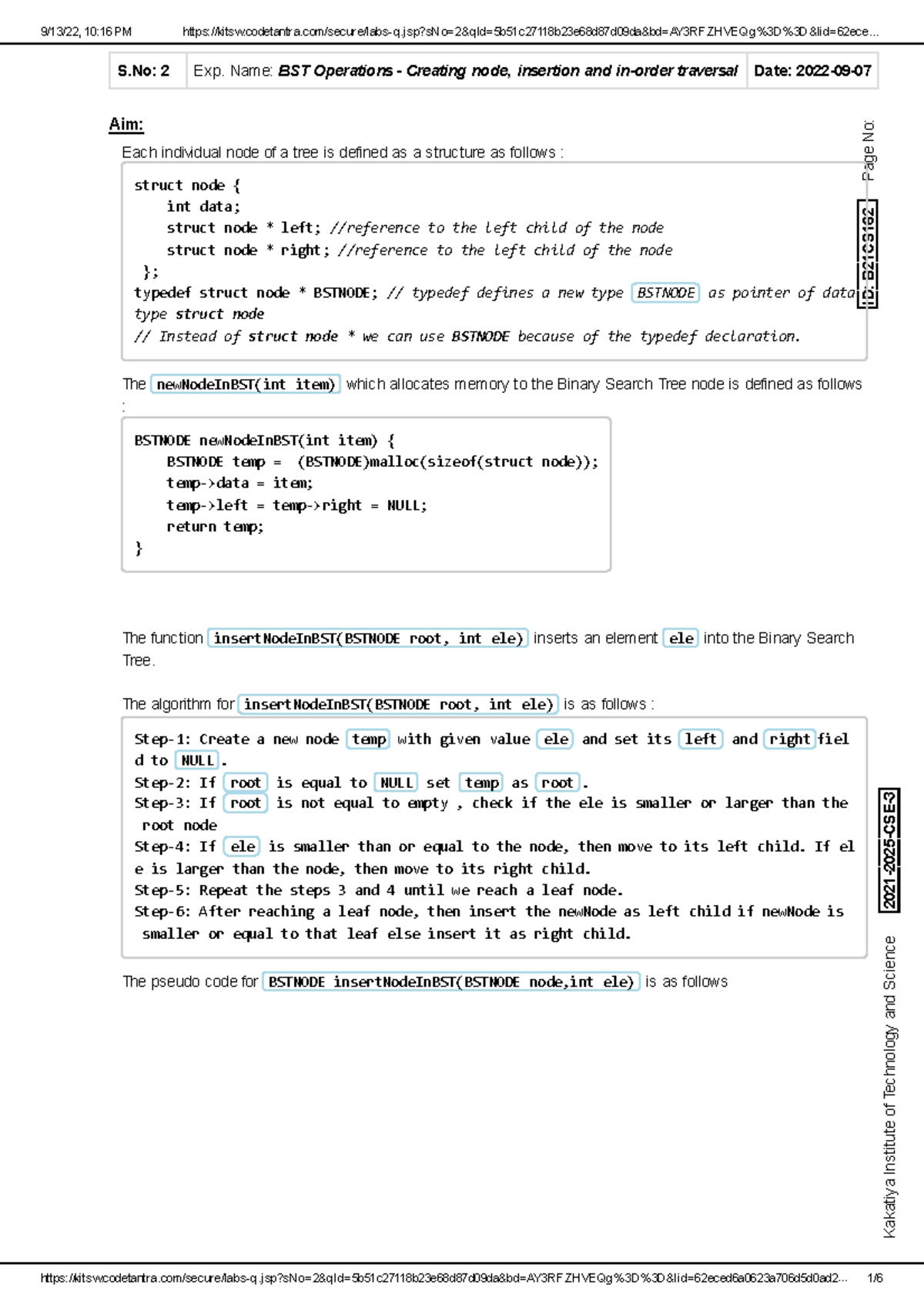 Labs-2 p-1 - Lab - S: 2 Exp. Name: BST Operations - Creating node ...