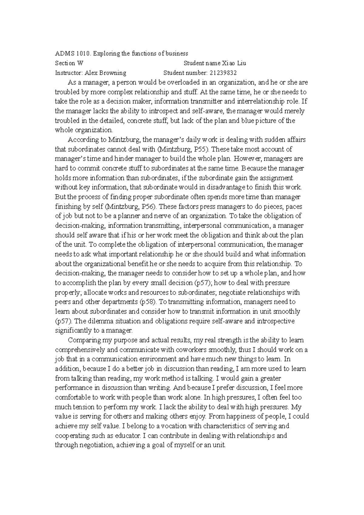 Adms 1010 assignment 1 - ADMS 1010. Exploring the functions of business Section W Student name ...