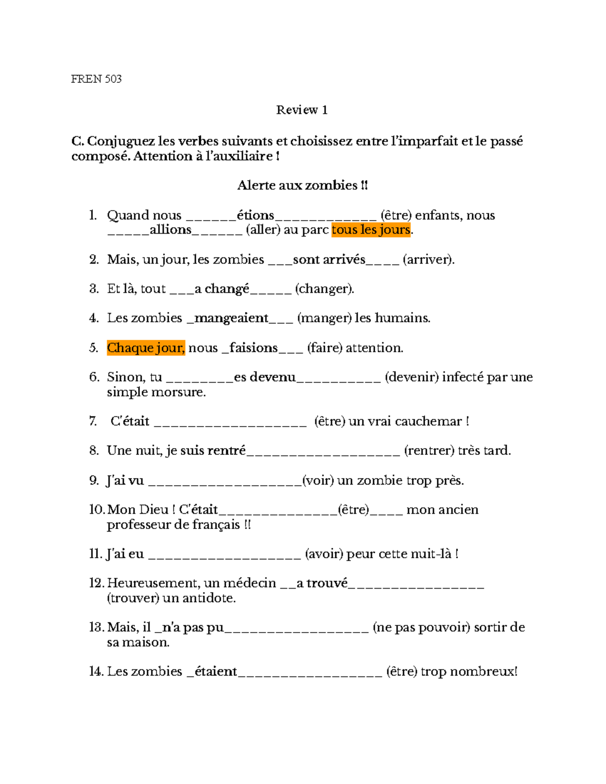 FREN 503 Review 1 - FREN 503 Review 1 C. Conjuguez les verbes suivants ...