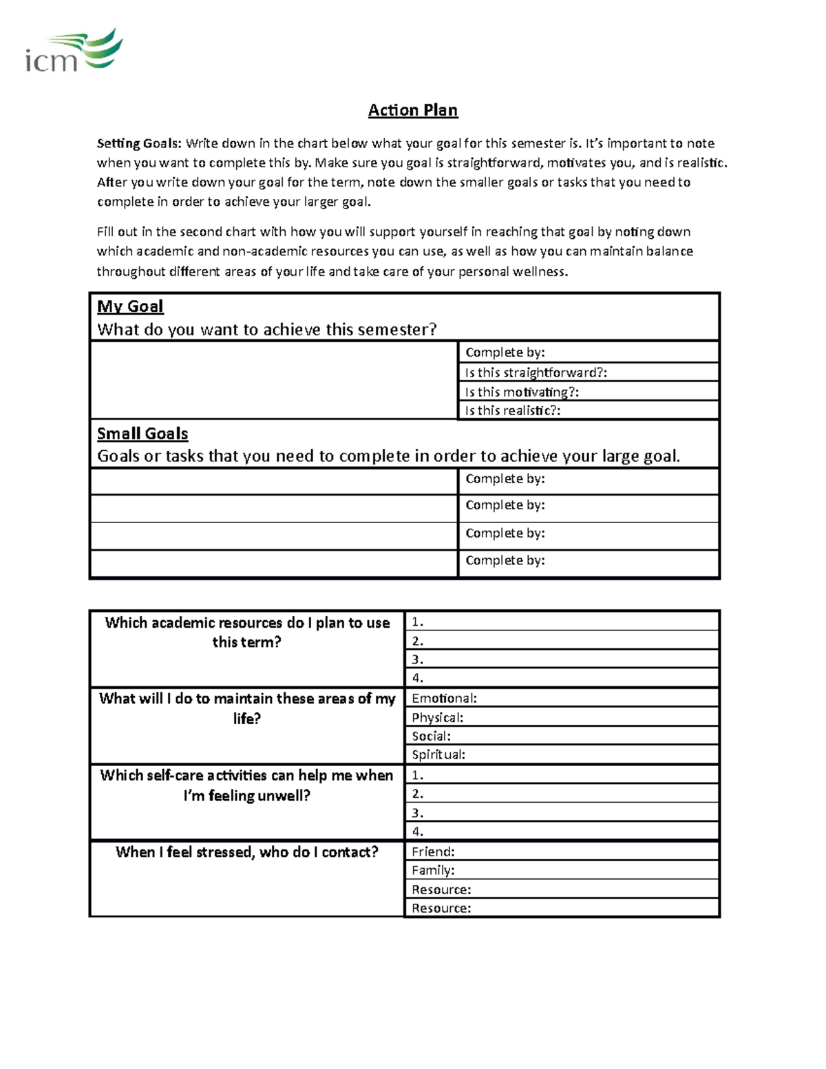 Action Plan Assignment - Action Plan Setting Goals: Write down in the ...