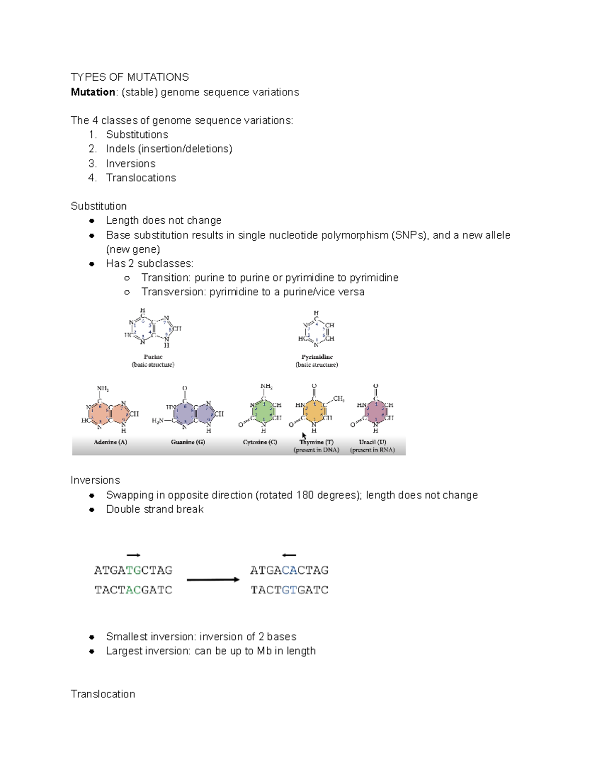 Genetics Week 4 - lecture material from week 4, online modules - TYPES ...