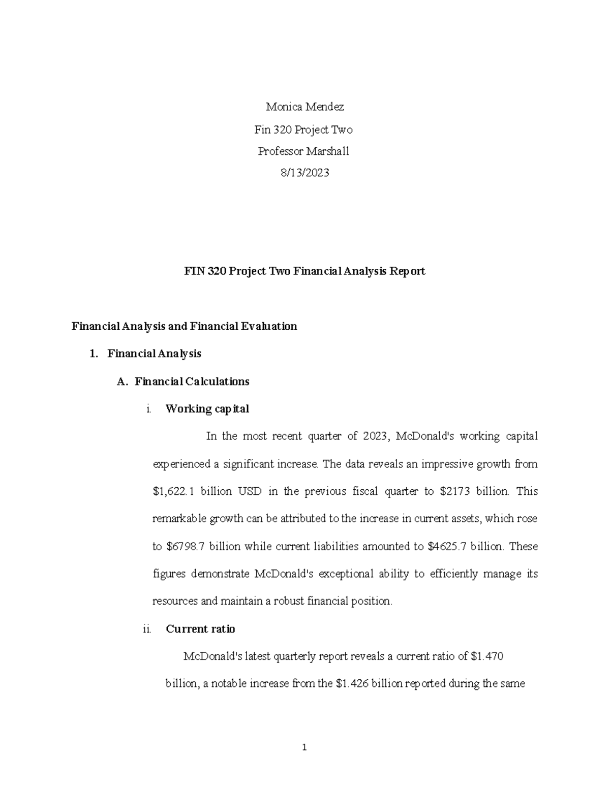 FIN 320 Project Two Financial Analysis Report-completed - Monica Mendez ...