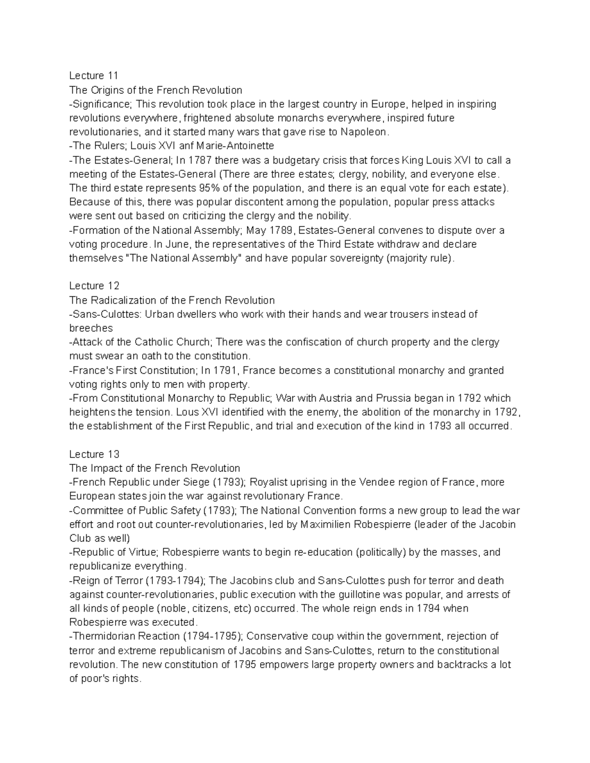 Lectures 11-20, Notes - Lecture 11 The Origins of the French Revolution ...