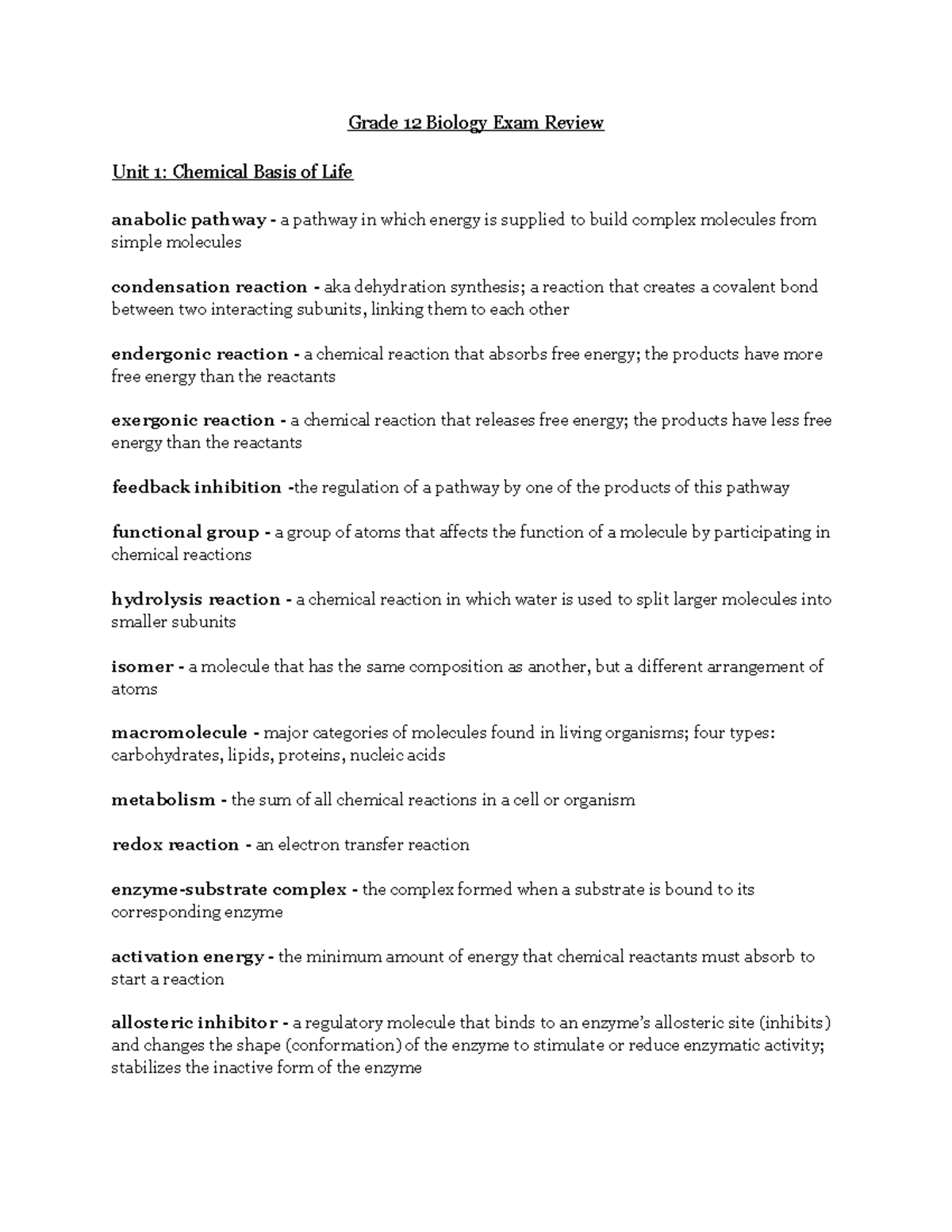 Grade 12 Biology Exam Review - Grade 12 Biology Exam Review Unit 1 ...