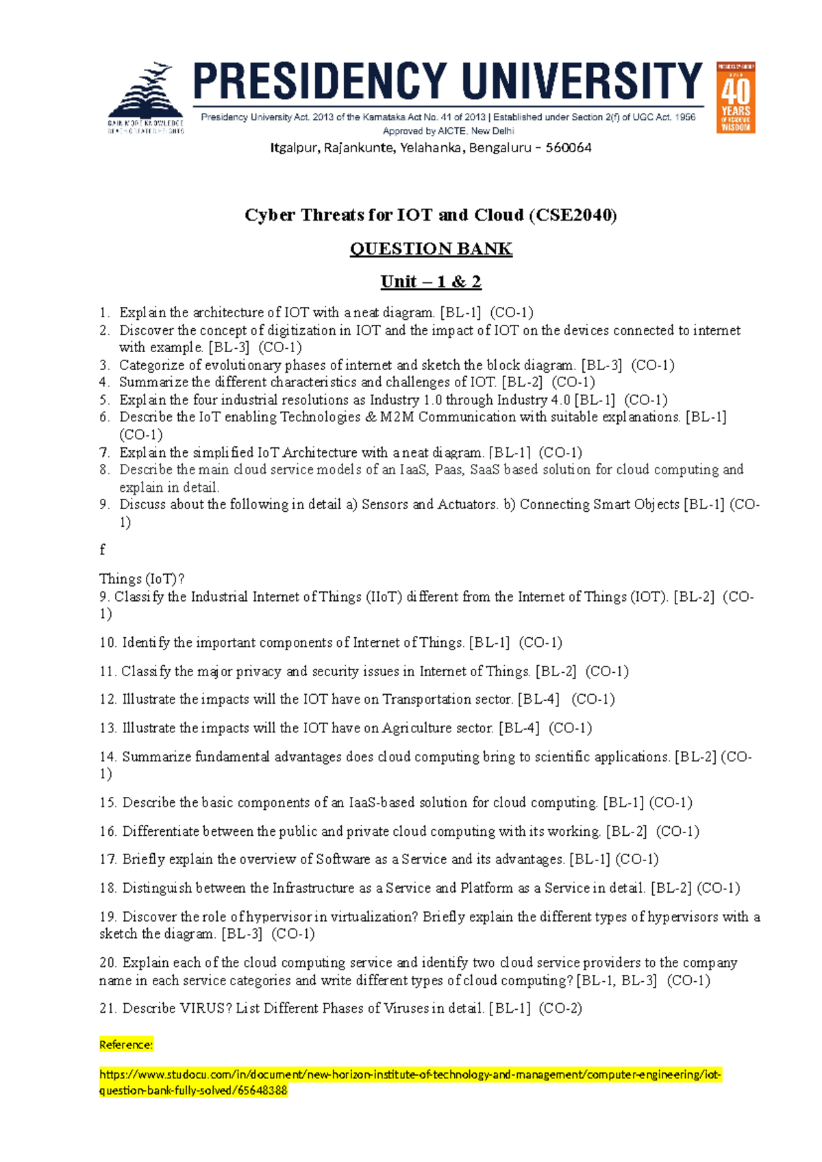 Question Bank CSE 2040 Cyber Threats for IOT and Cloud - Cyber Threats ...